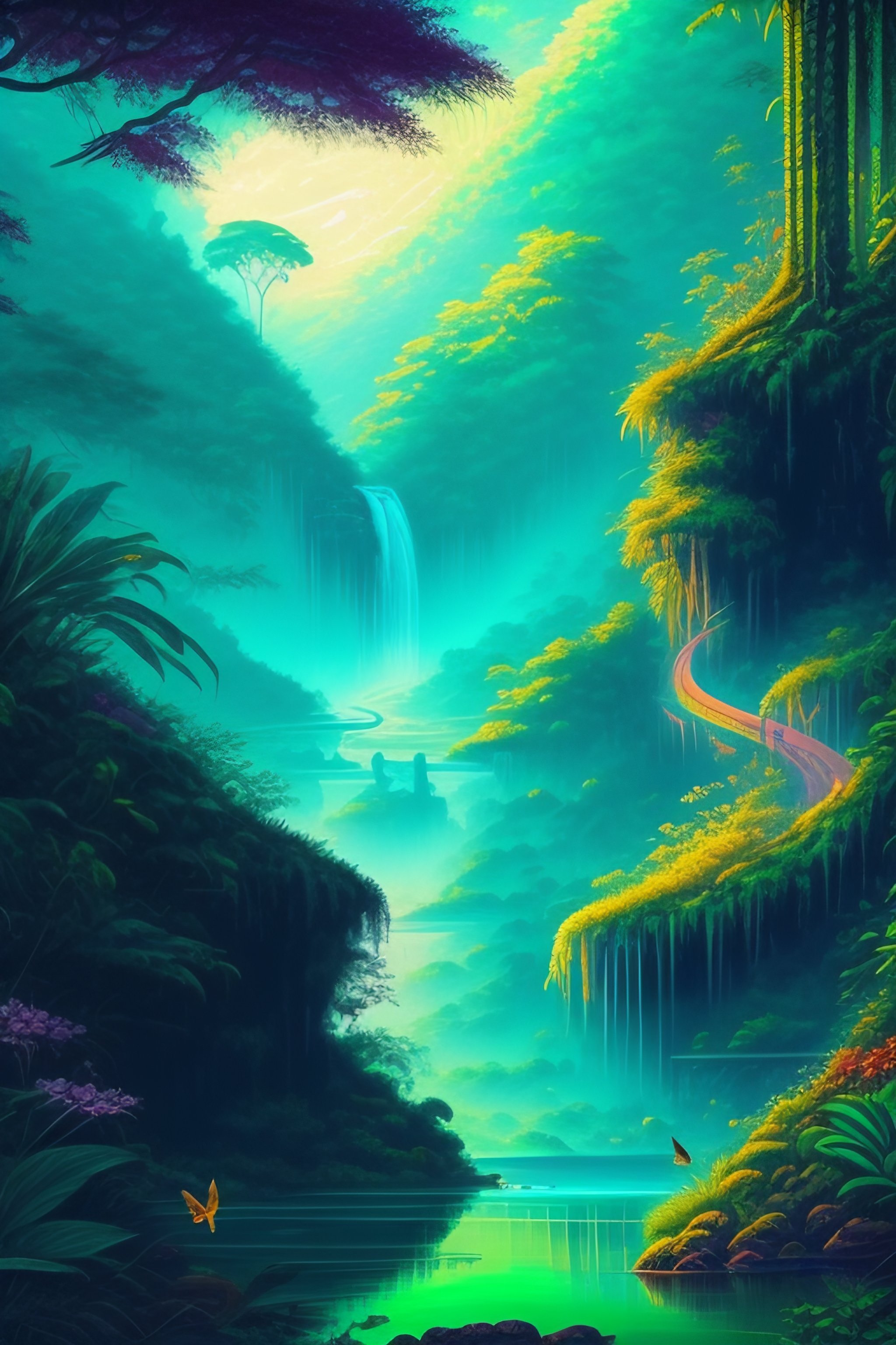 Lexica - Green and flowery Lush Jungle landscape with ancient ruins and ...