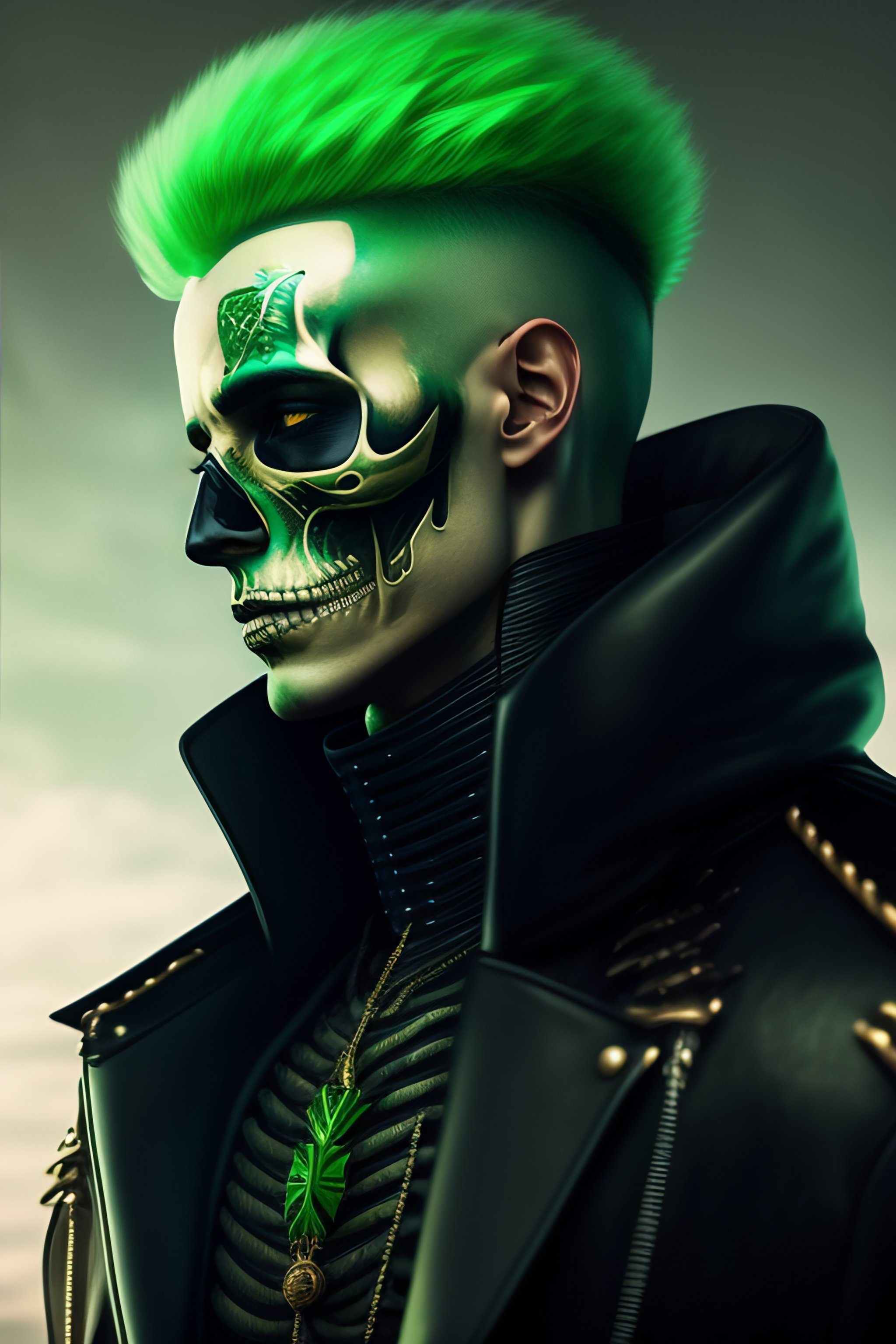 Lexica - Hyper detailed fine art portrait of skeleton punk with green ...