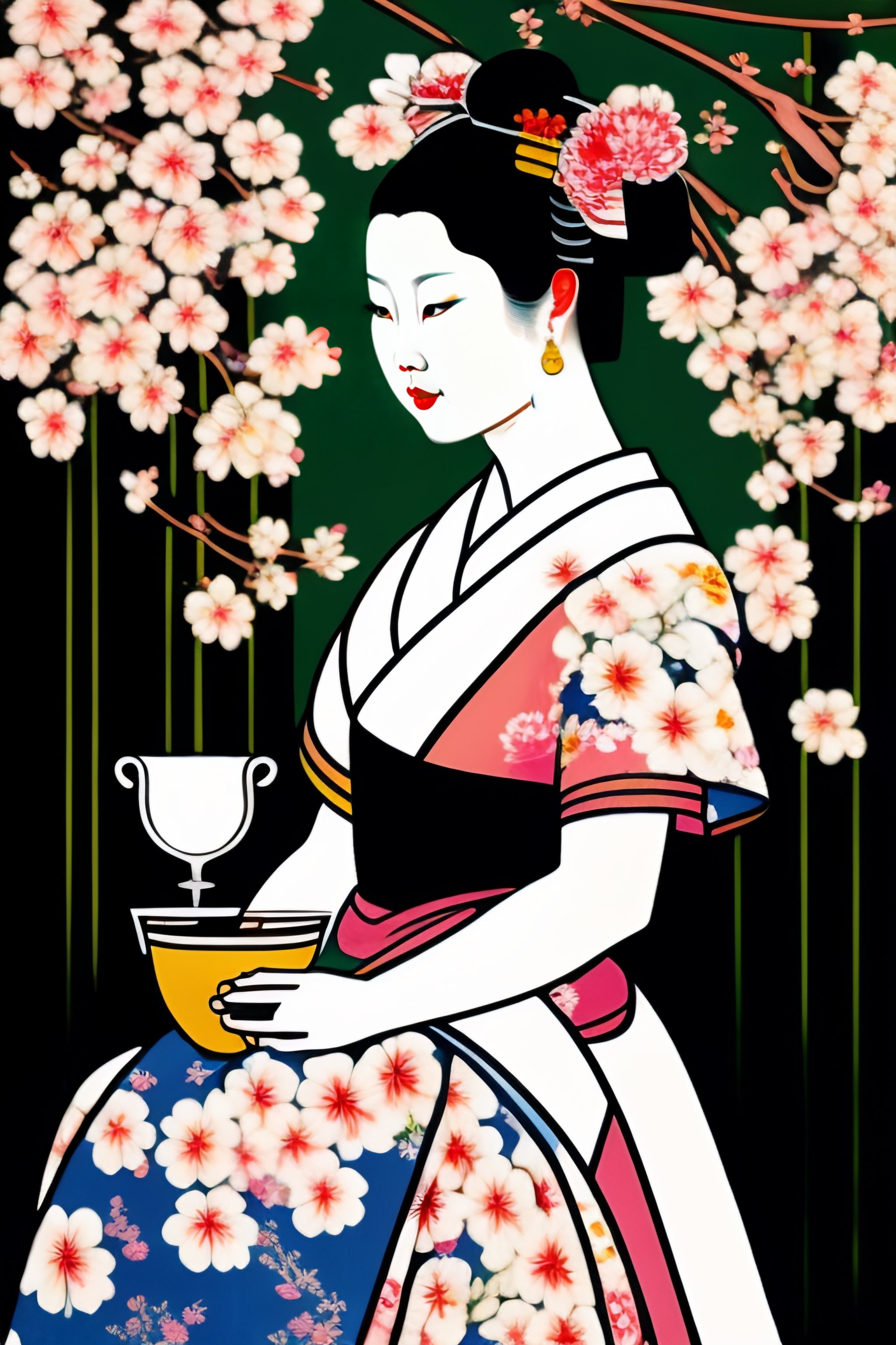 Lexica - LINE DRAWING OF A GEISHA WITH DELICATE HANDS HOLDING A CUP OF ...