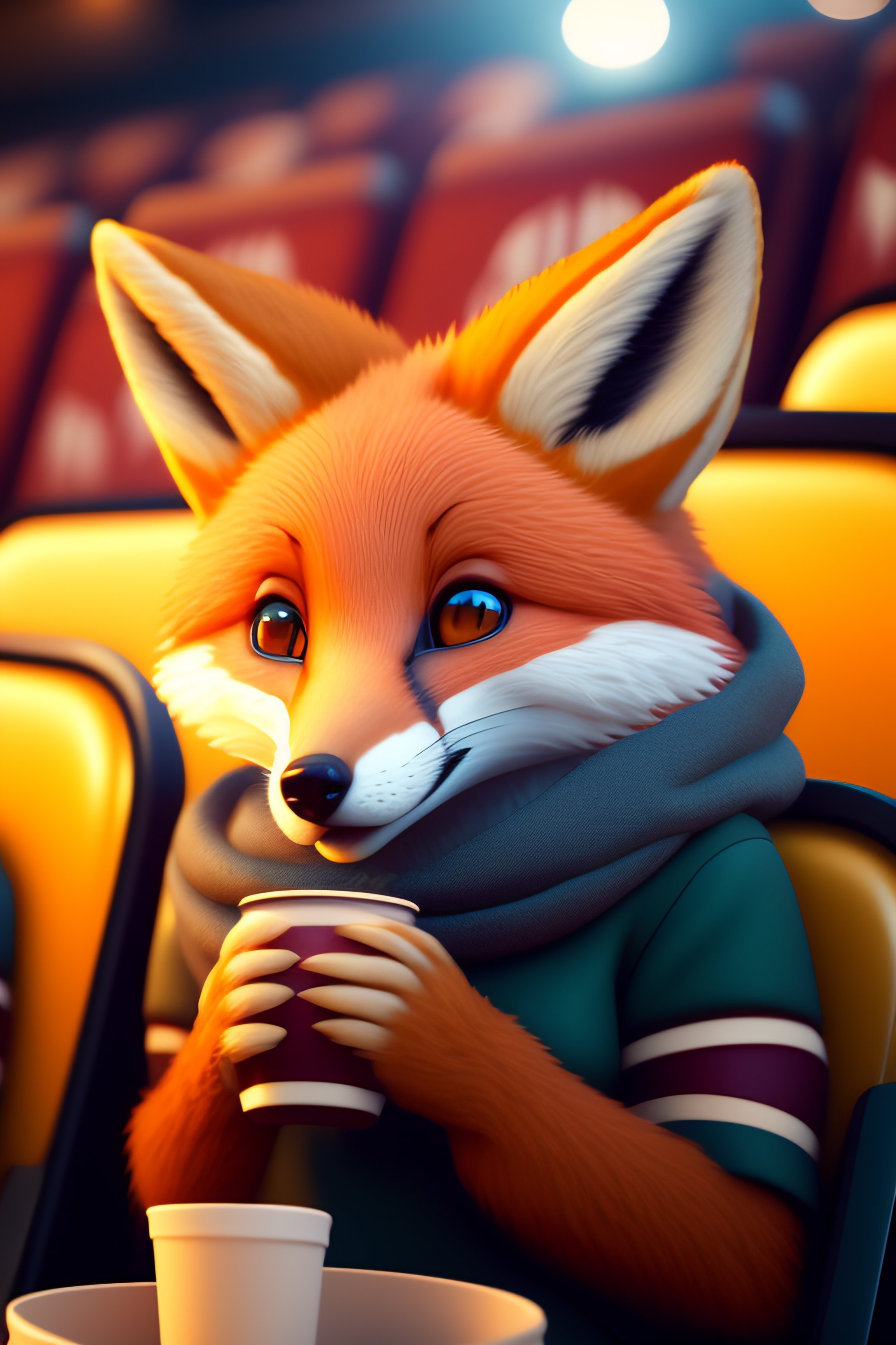 Lexica - Cute small humanoid Fox woman sitting in a movie theater ...