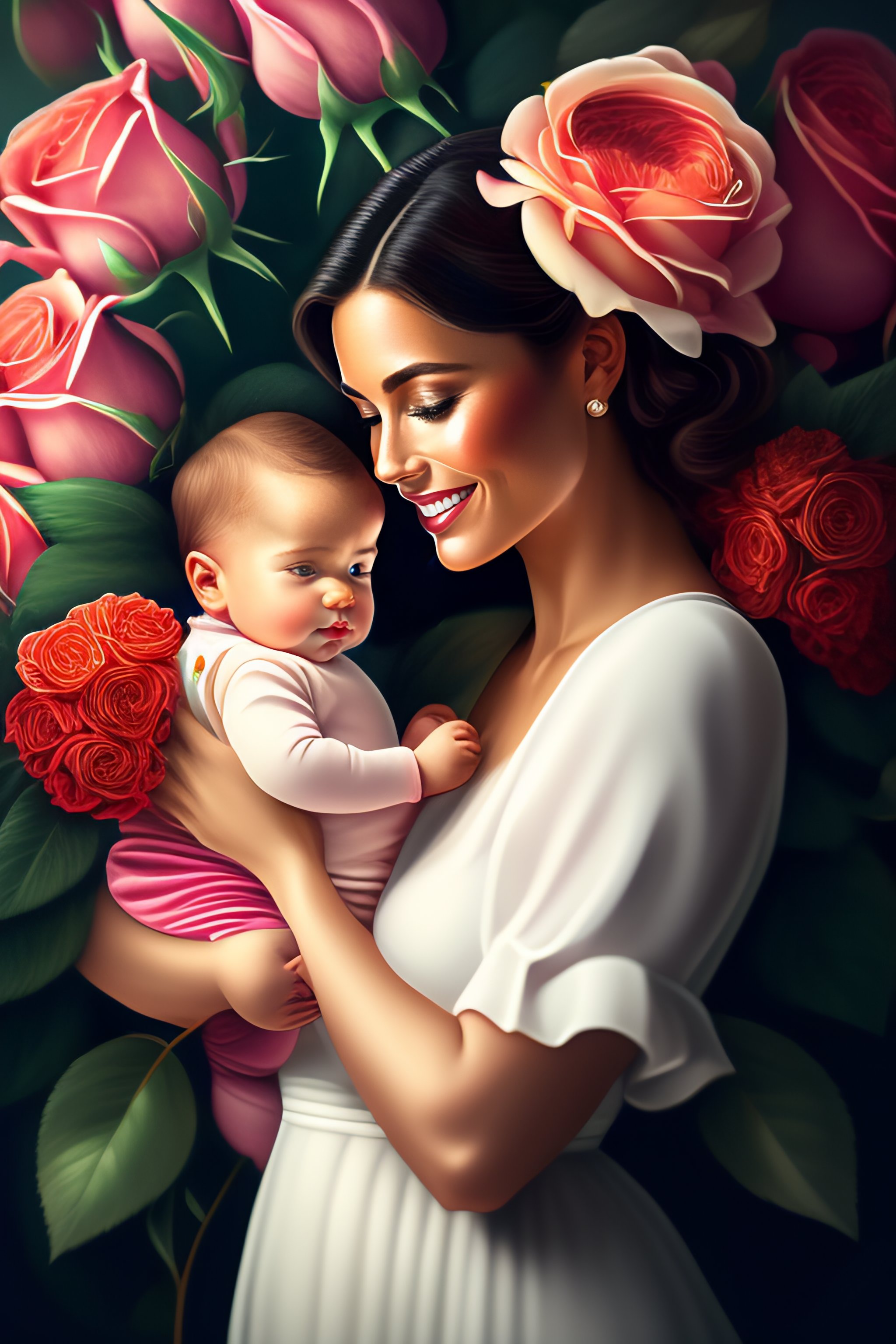 Lexica - Mother holding a baby boy in a room filled with roses, hyper ...