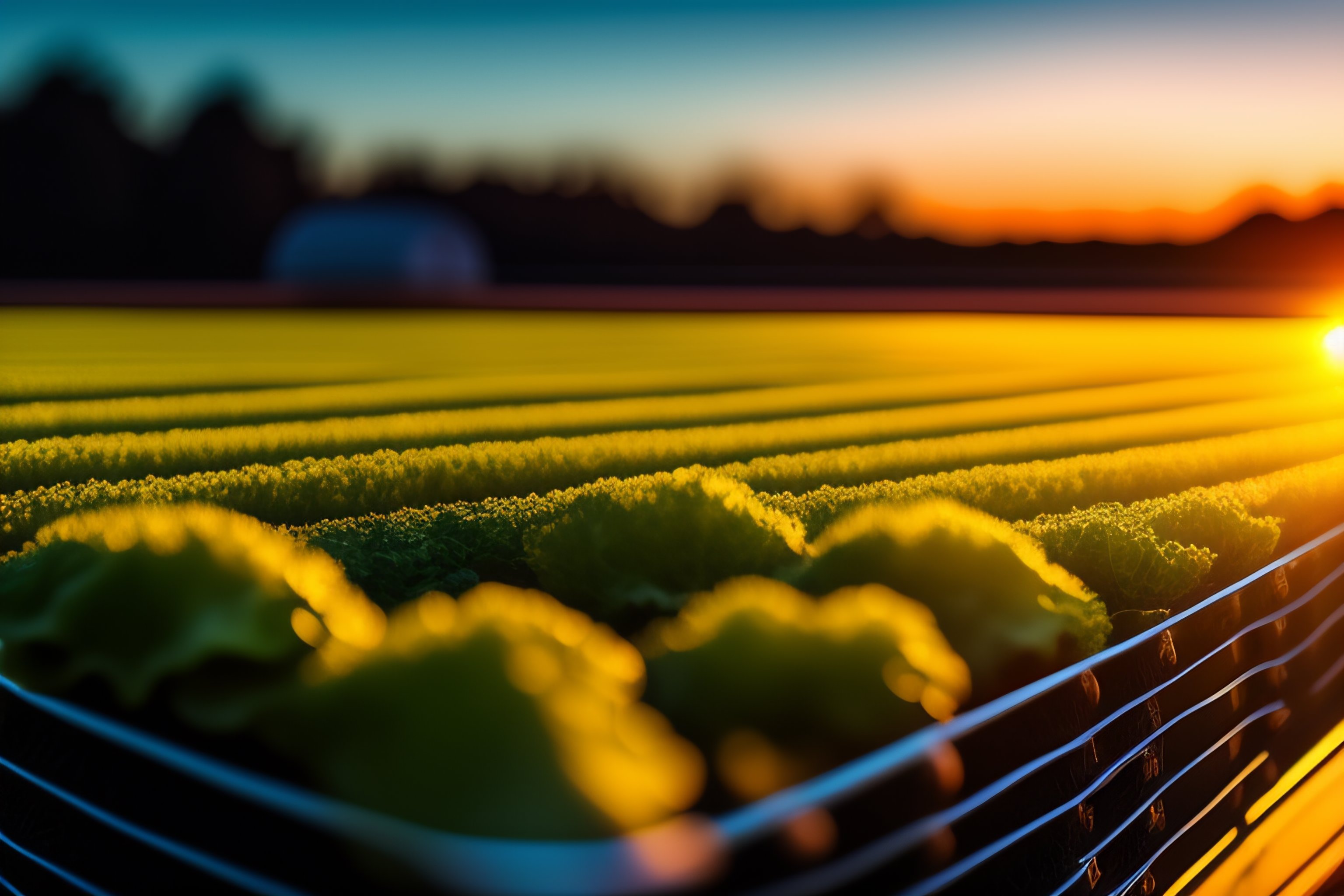 Lexica - Landscape image of hydroponic farm sunset close up to lettuce plan