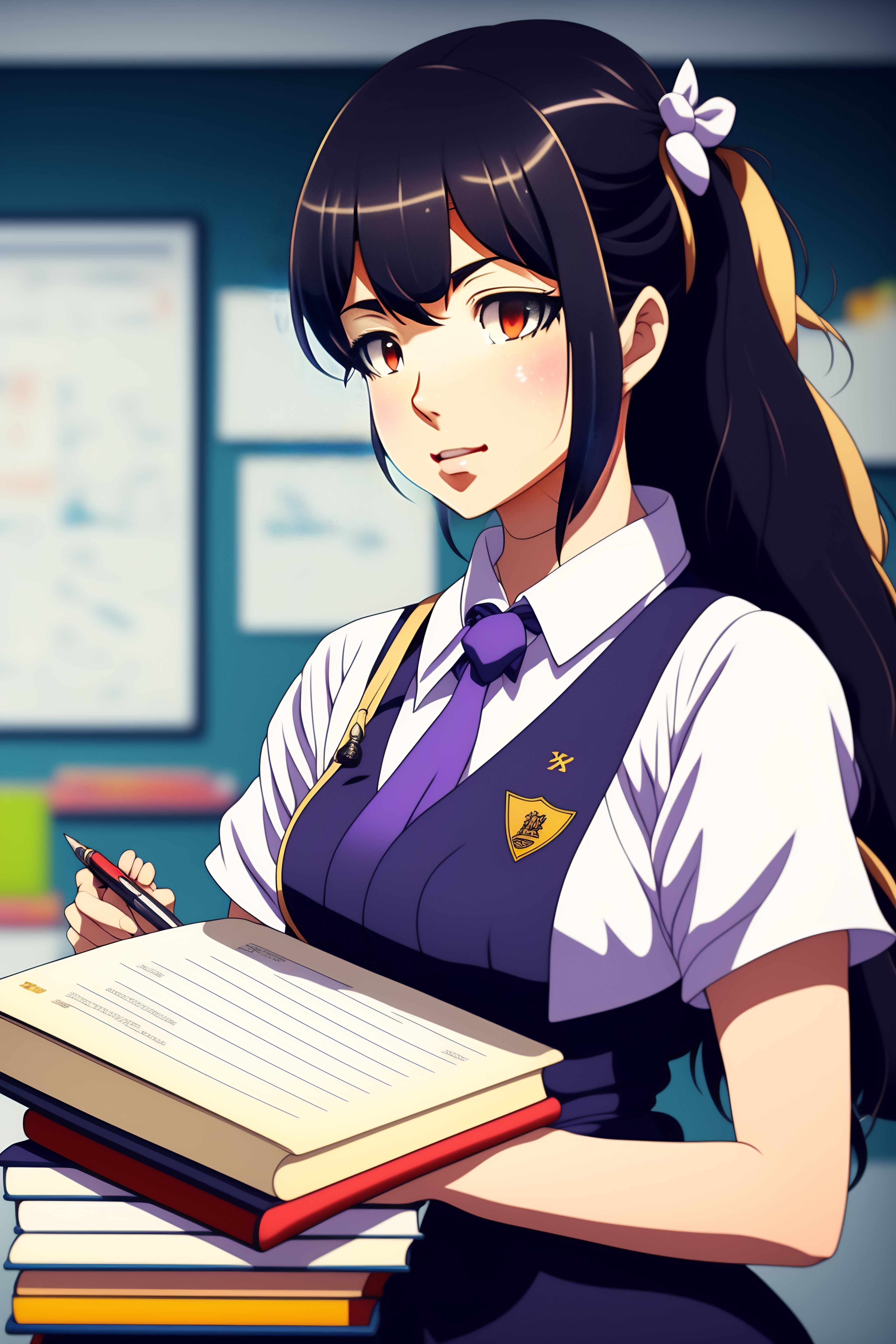 Lexica - A beautiful female teacher, wearing a uniform, holding a ...