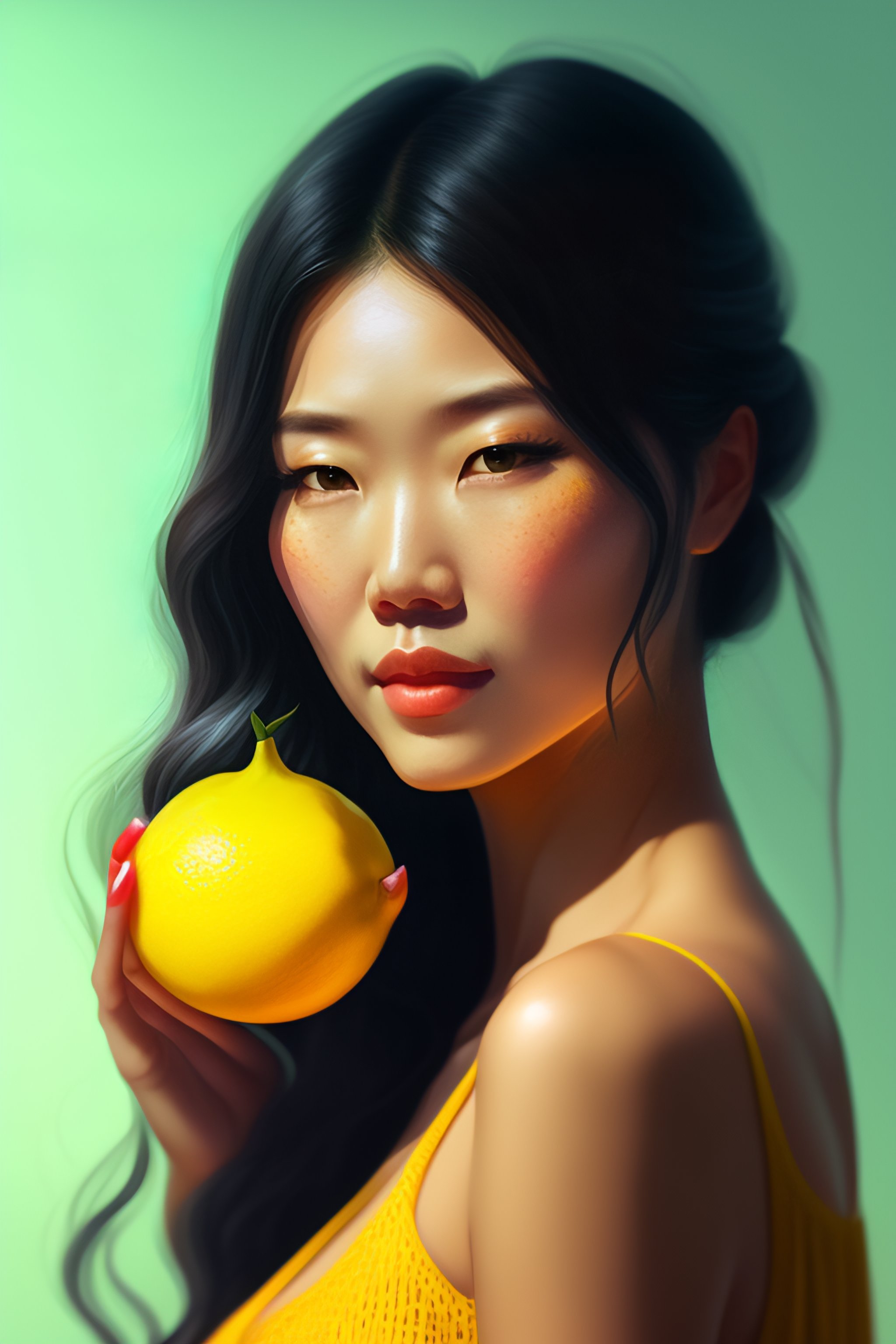 Lexica - Half swedish and half japanese woman, holding a small lemon ...