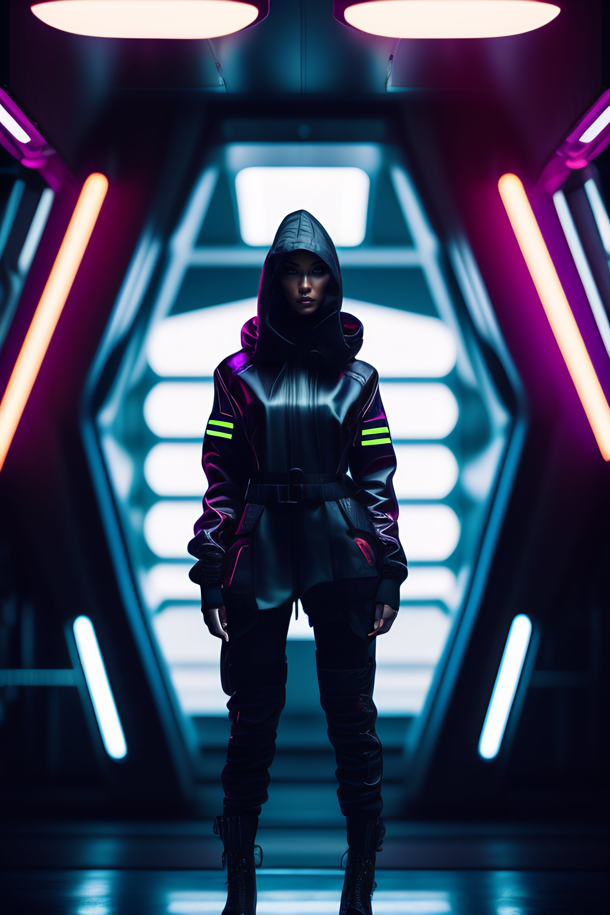 Lexica - A full height photo of a beautiful Futuristic techwear thief ...