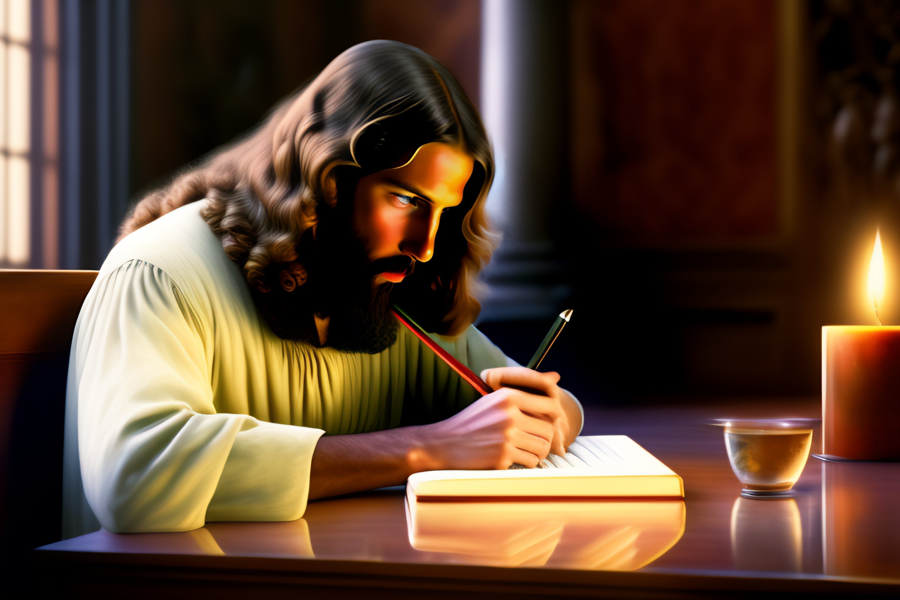 Lexica - Old color photo, year 1, jesus christ is writing on his apple ...