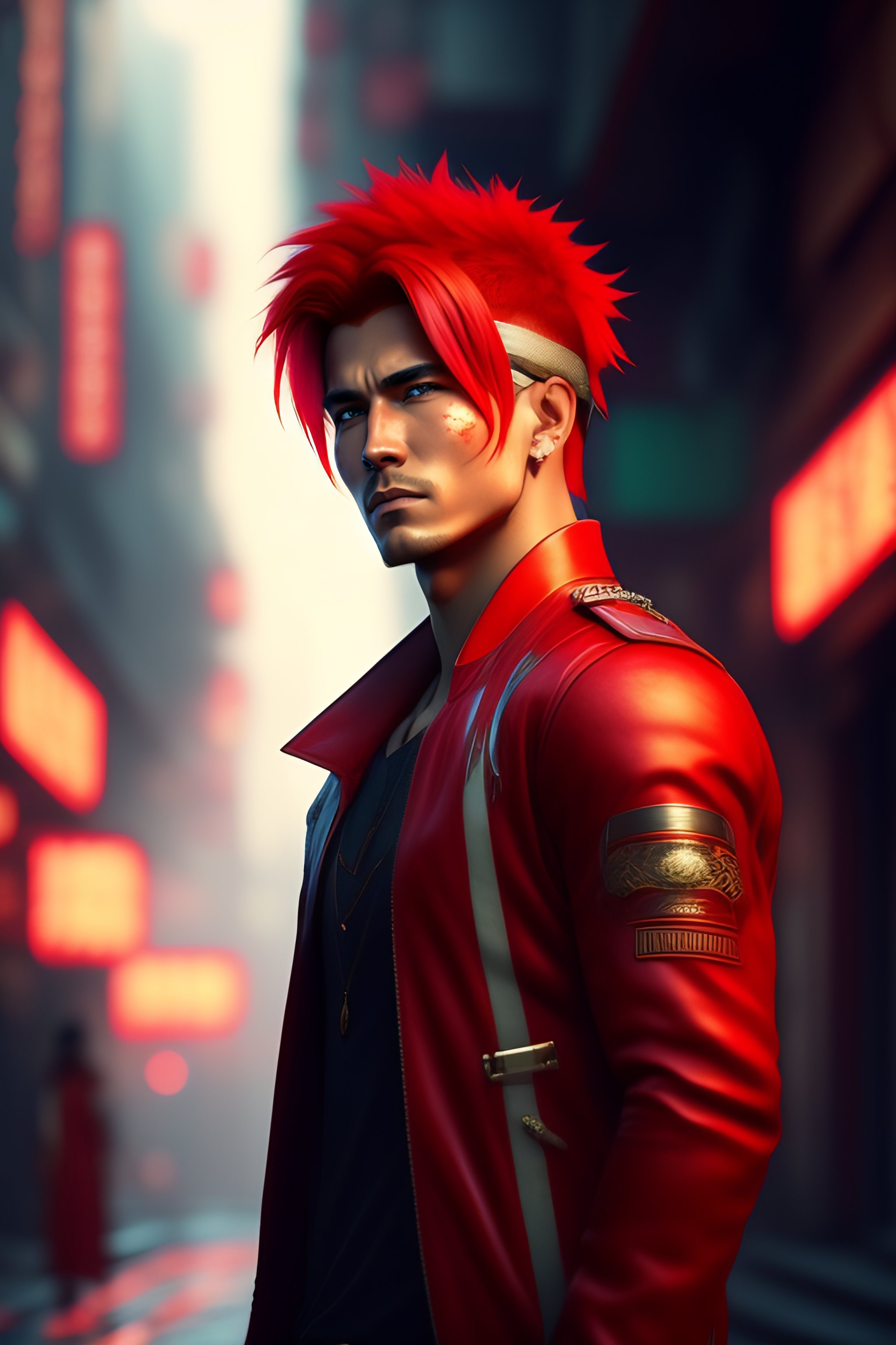 Lexica - Guy with red hair and side ponytail, with one medical eye ...