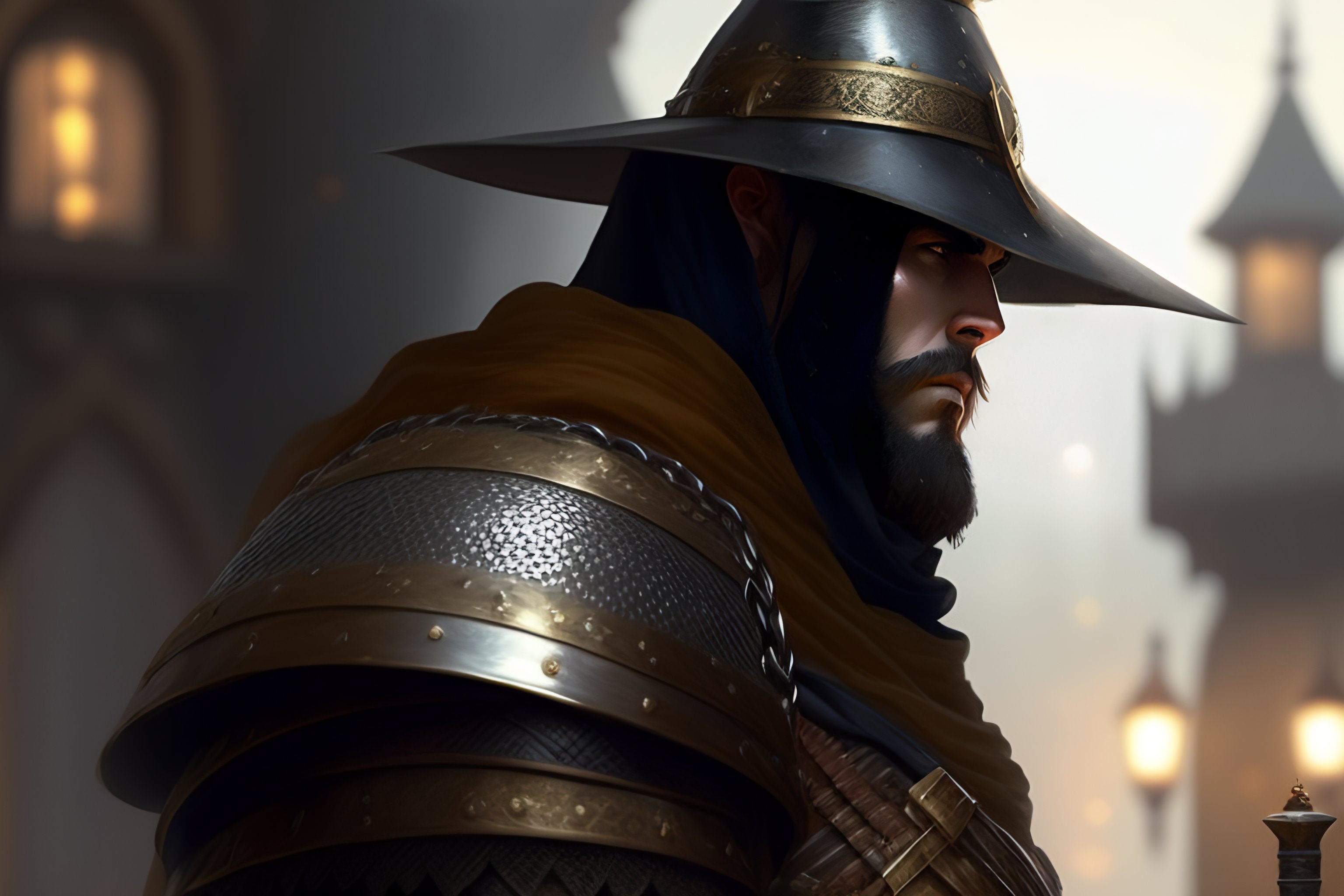 Lexica - Medieval fantasy sentry guard with bow wearing round metal hat ...