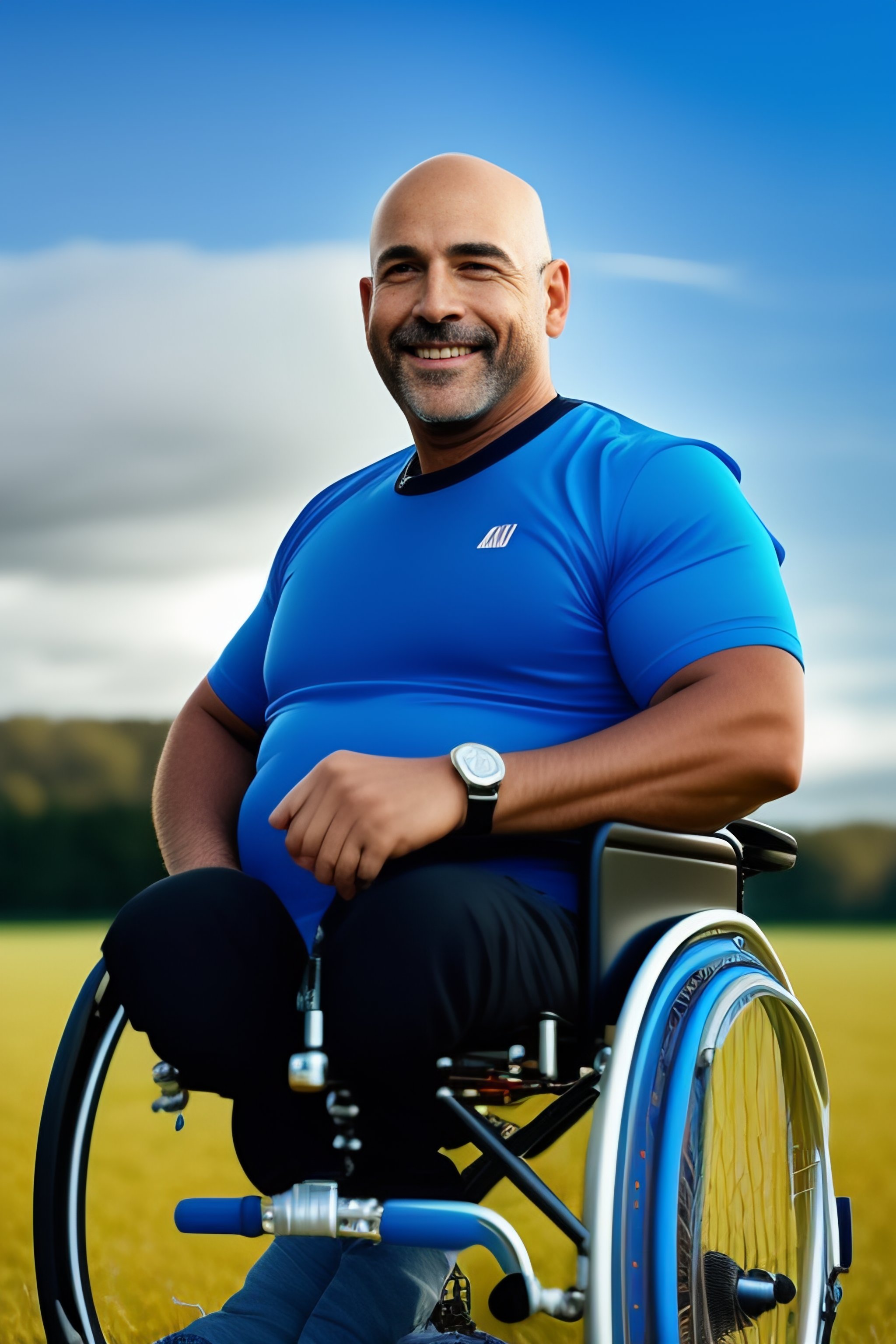 Lexica - A bald man in a cap in a wheelchair in a blue t-shirt