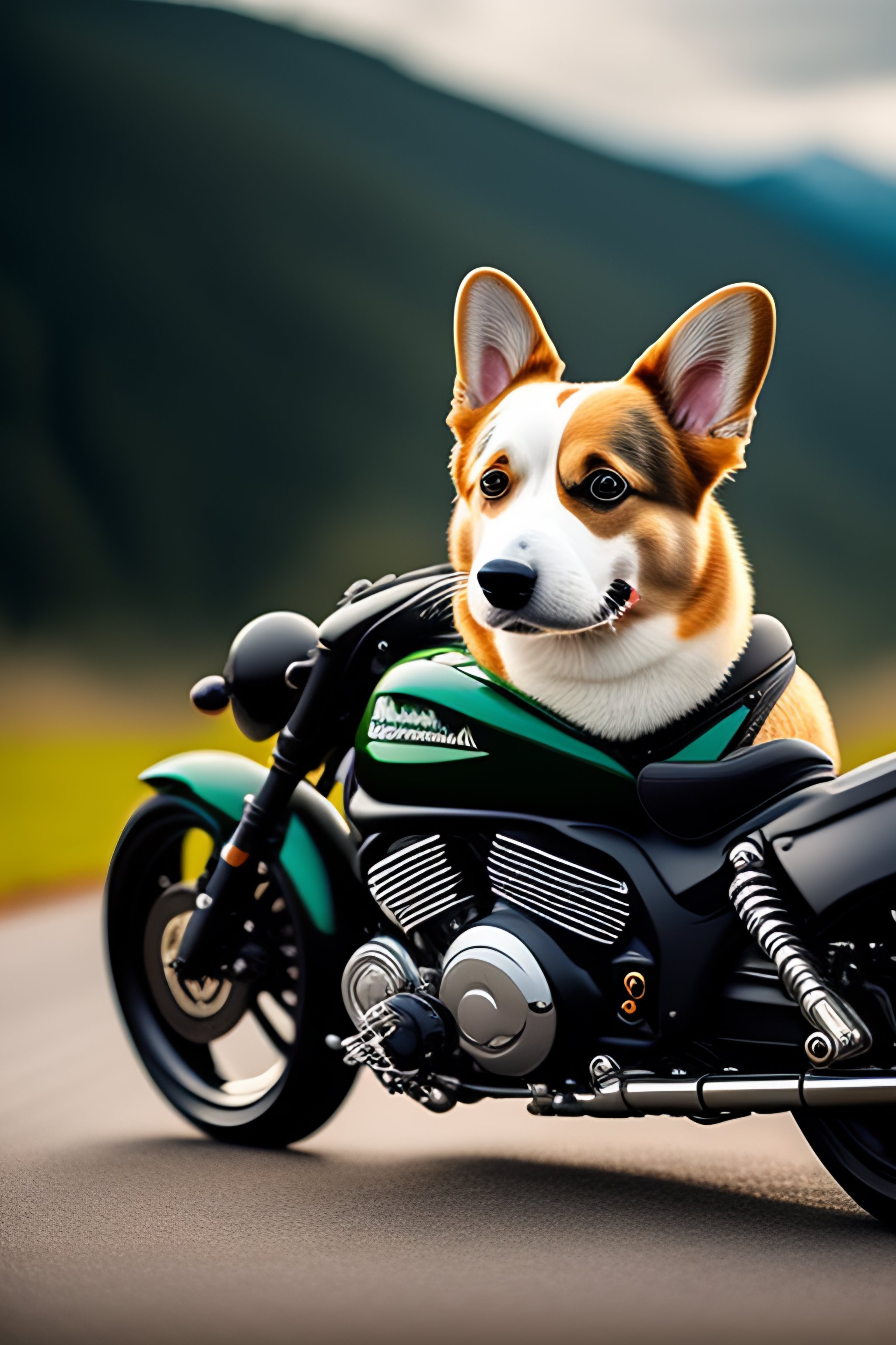 Lexica - Dog corgi en una Kawasaki Vulcan S
