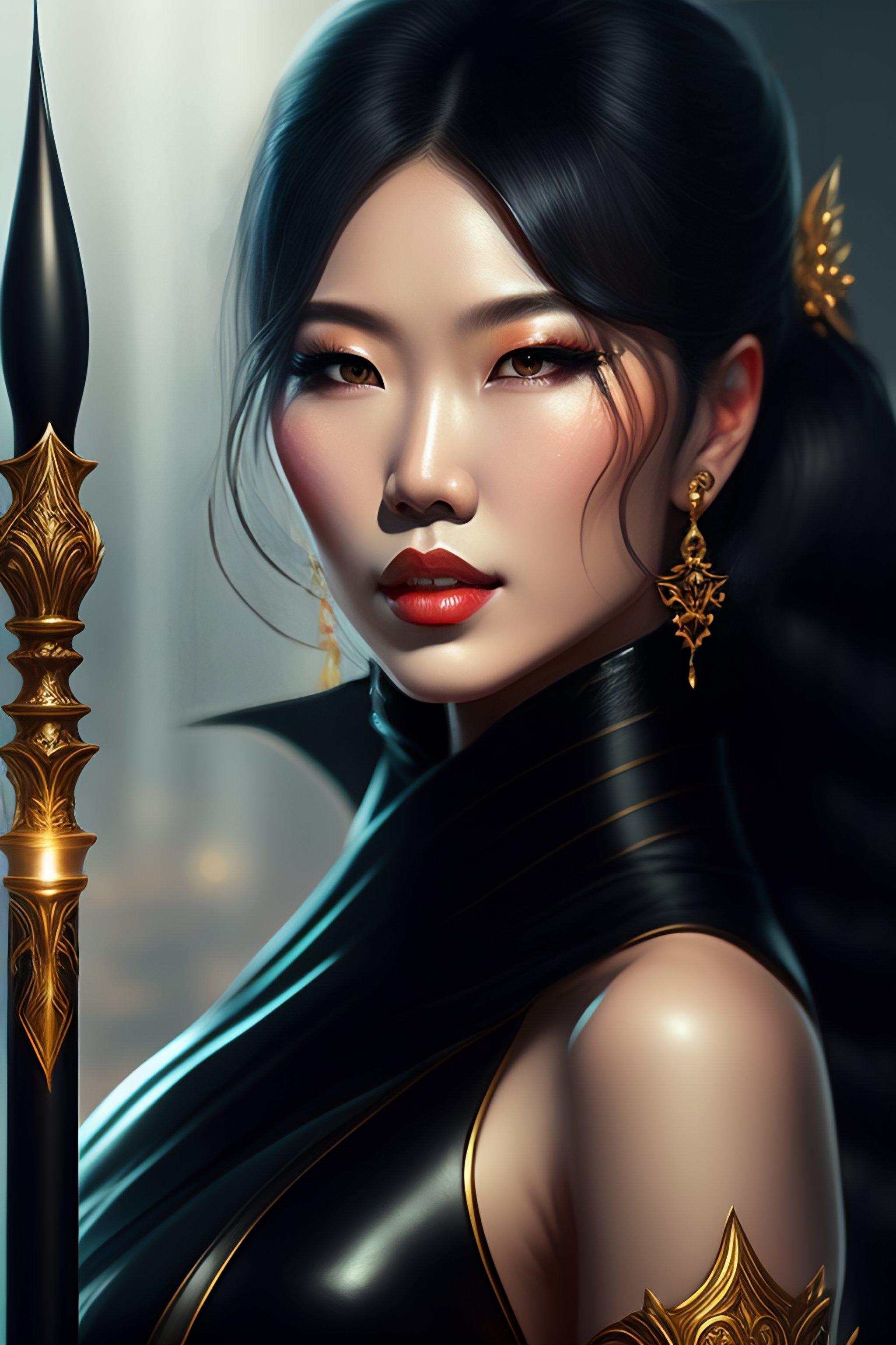 Lexica - A woman in a black outfit holding a wand, a character portrait by Lü Ji, trending on ...