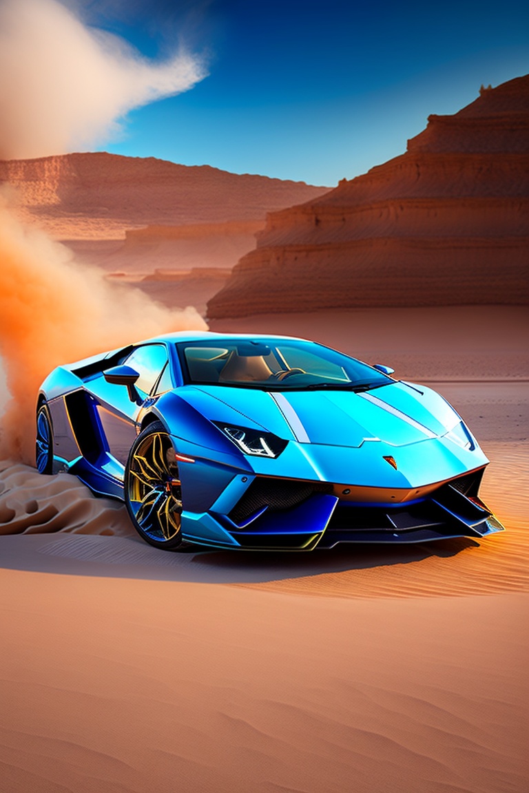 Lexica - Azure blue lamborghini, planet with sand storm