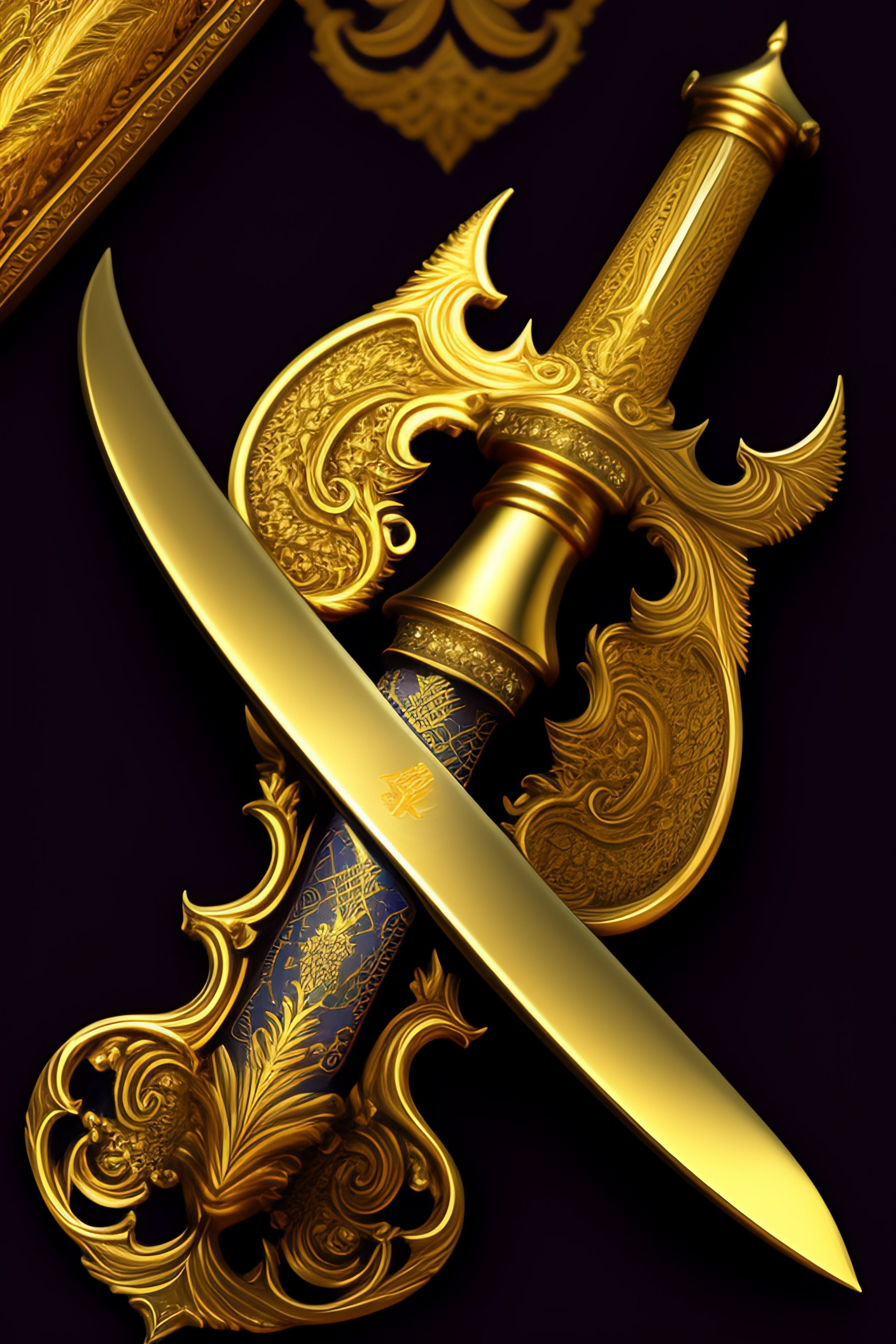 Lexica - An ornate sword with gold and brass fixtures, a golden brass ...