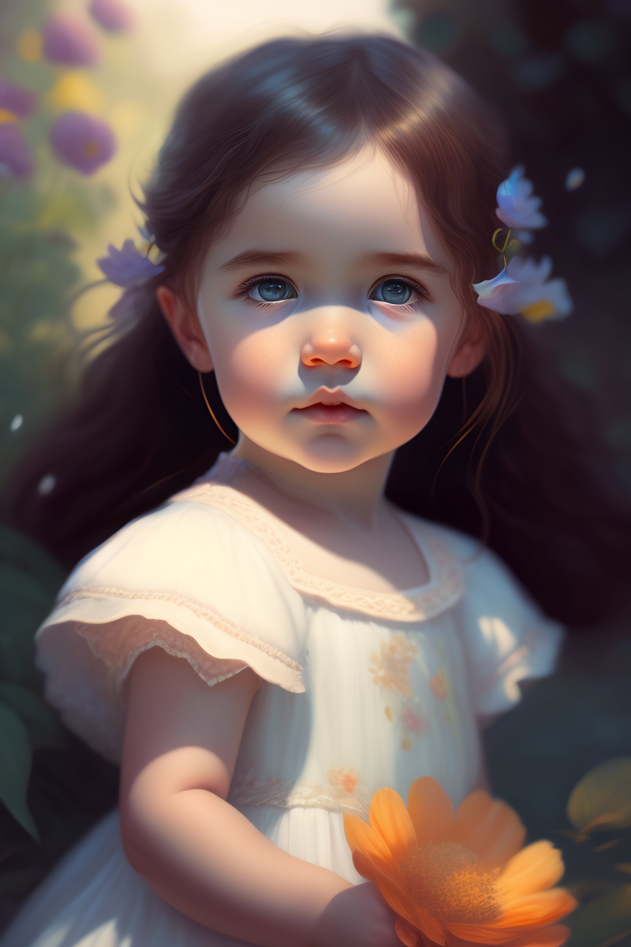 Lexica - Baby little girl with a flower in the hand, illustrated by ...