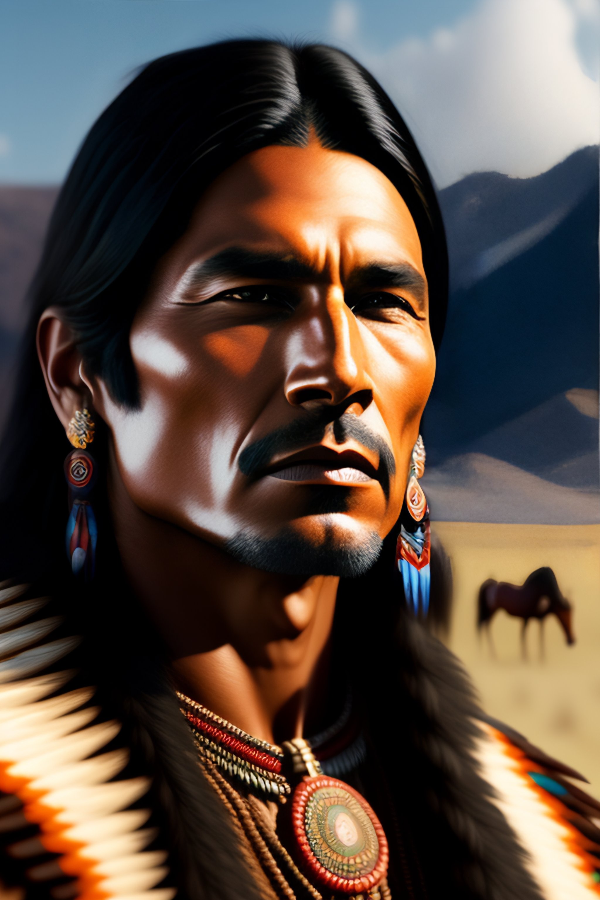 Lexica - Native american man portrait in 3d digital art with mustang ...