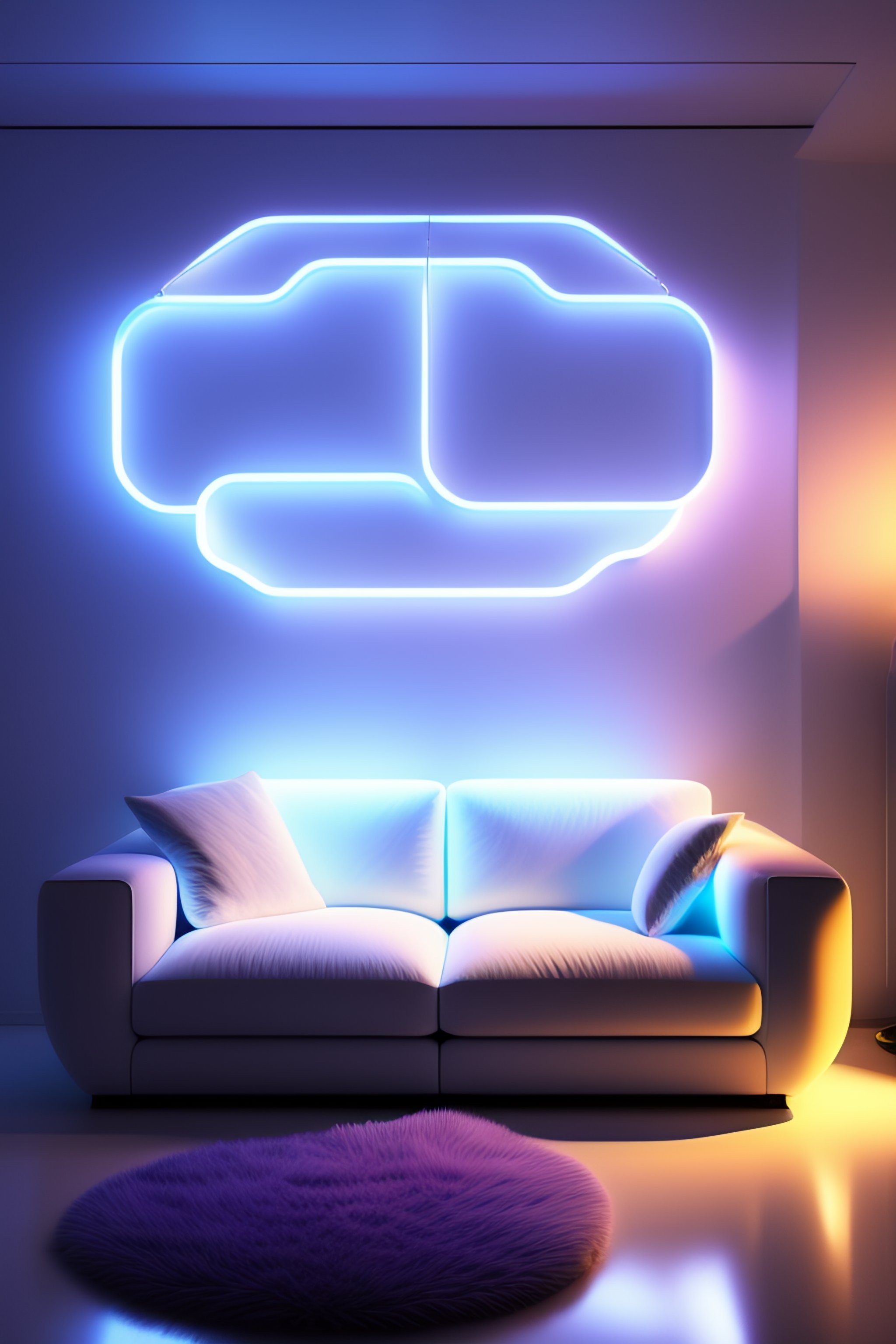 Lexica - Interior house futuristic white nature neon lights big sofa
