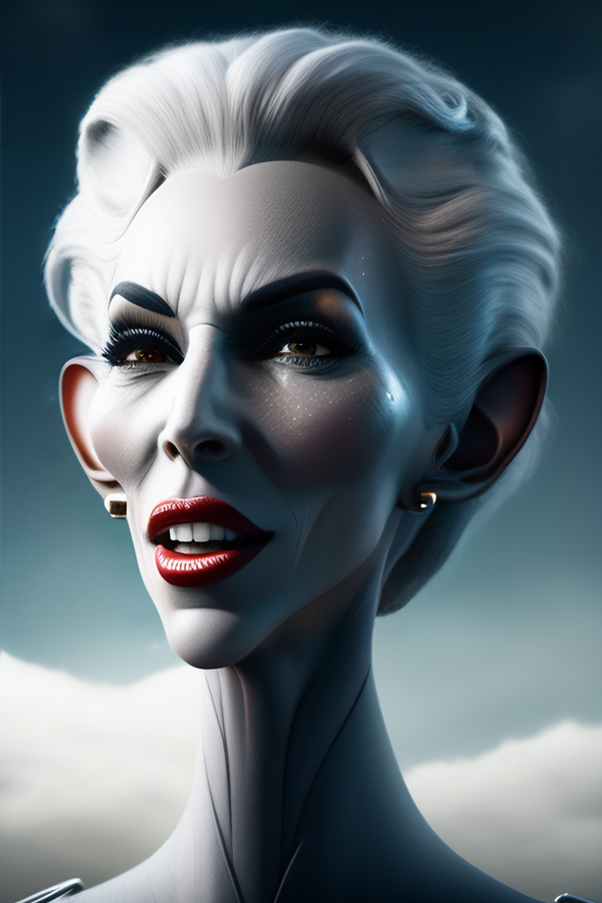 Lexica - Tall grey alien, mop hair, sharp white teeth