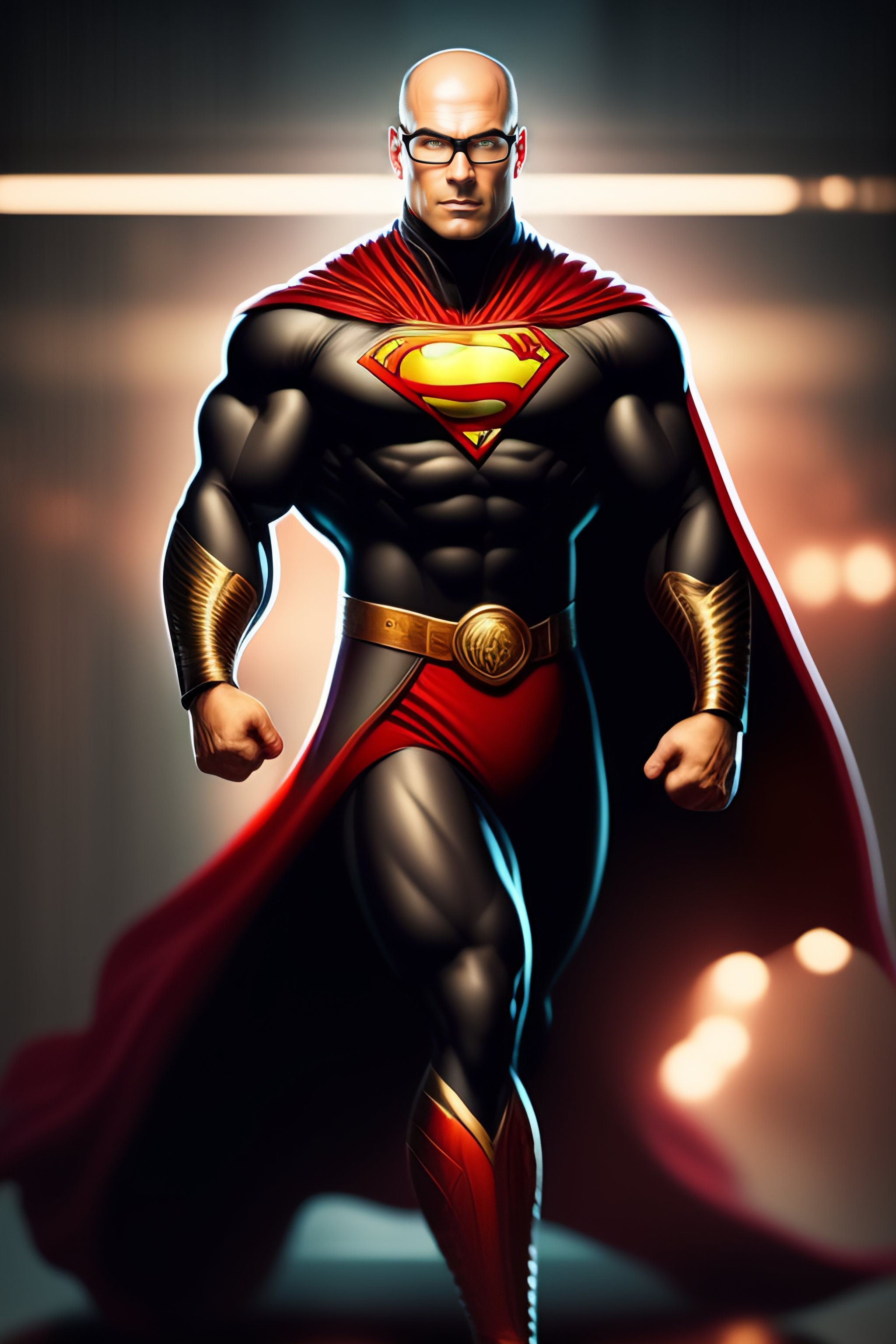 Lexica - Picture of bald muscular superhero with glasses and cape