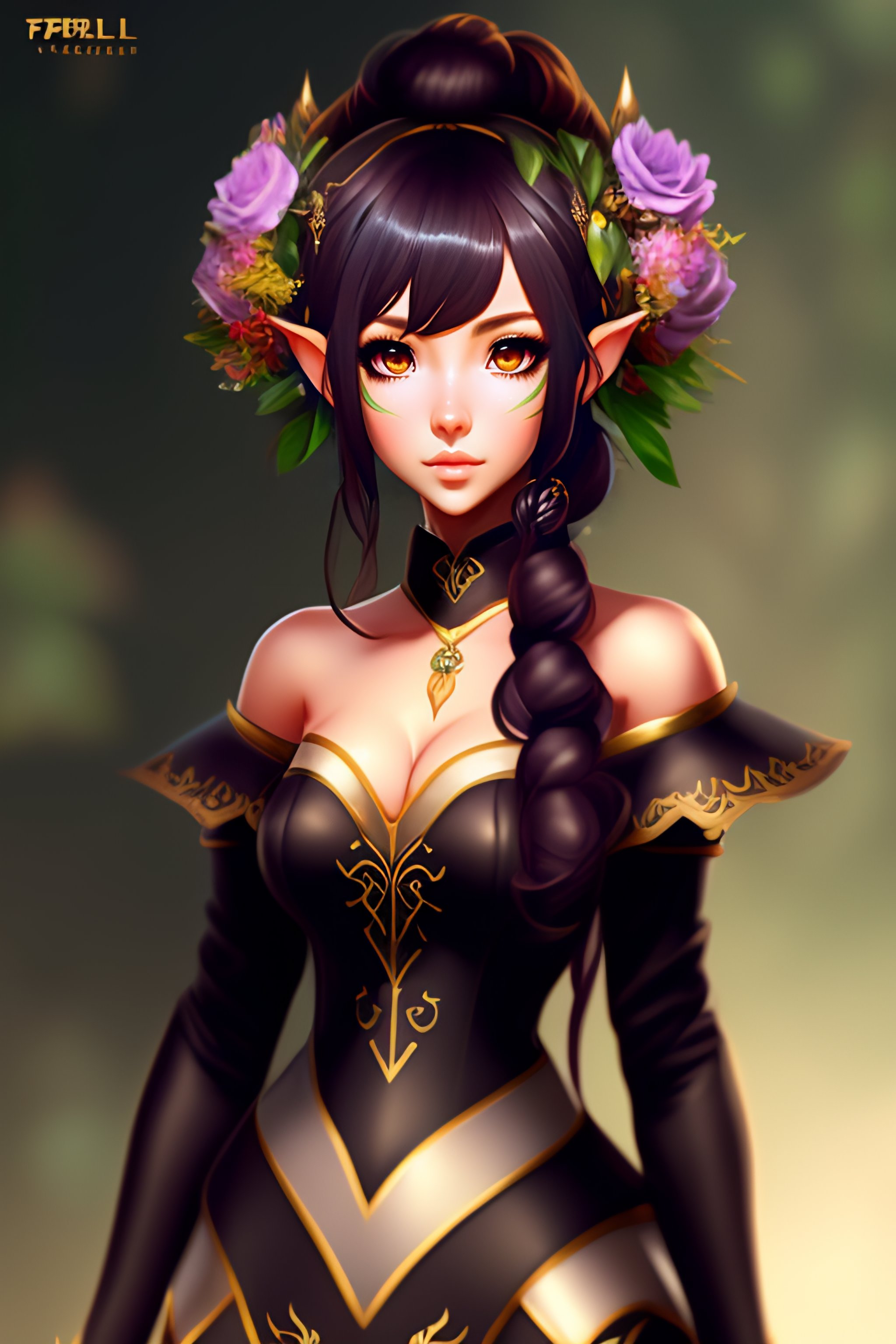Lexica - Fullbody image of a female forest elf, bun hairstyle, fullbody ornamented and black ...
