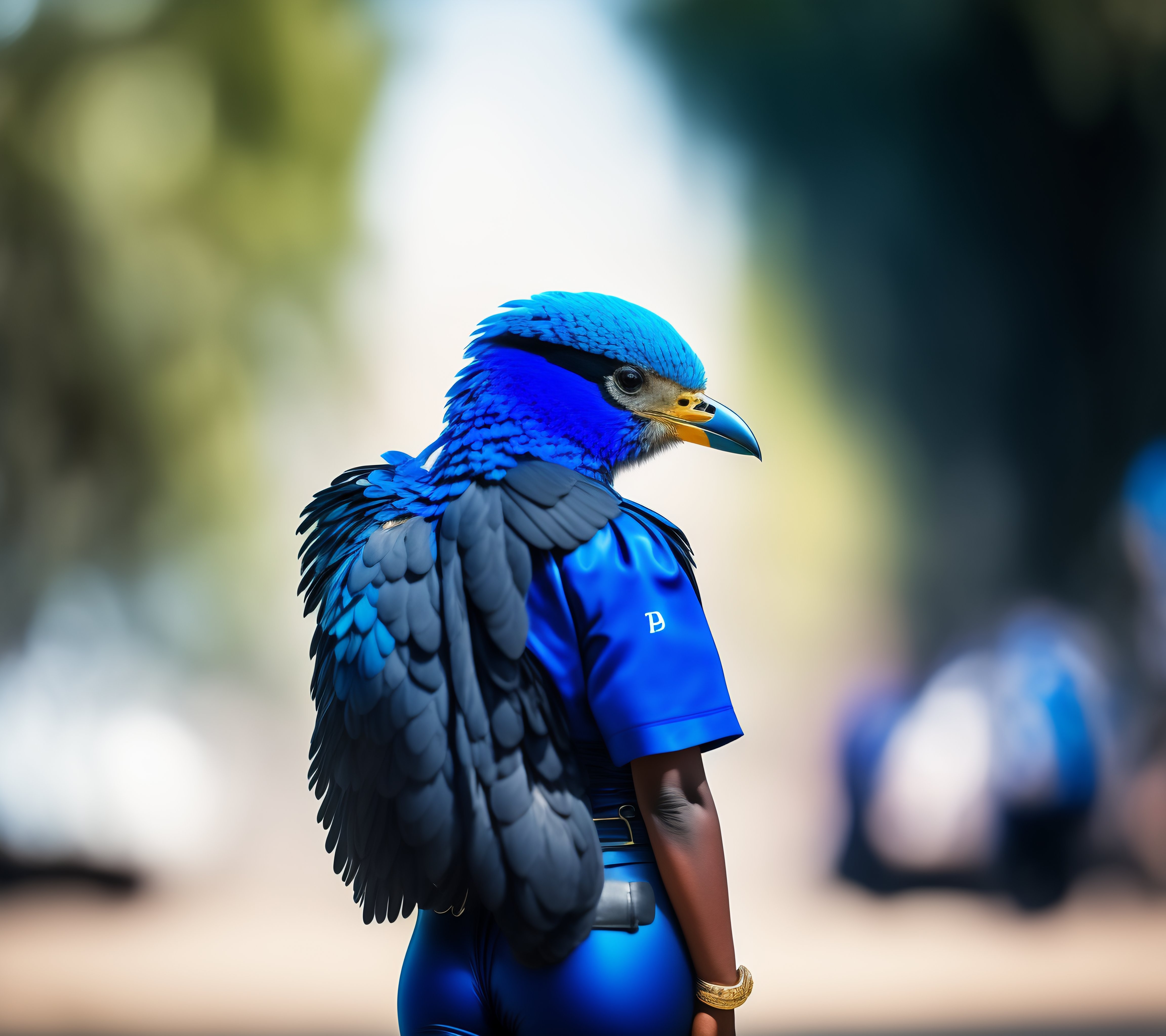 Lexica - Blue female humanoid bird wearing white tshirt and black shiny ...