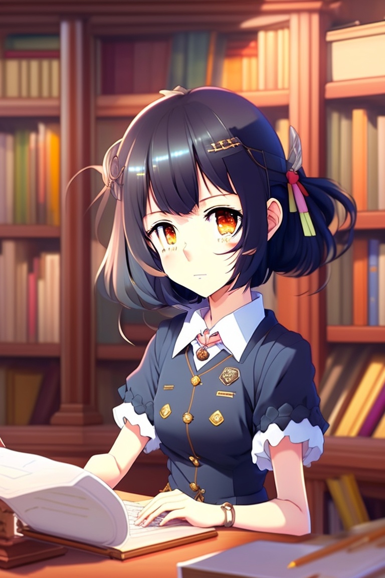 Lexica - Anime lovely girl with black hair stay in a desk with a ...