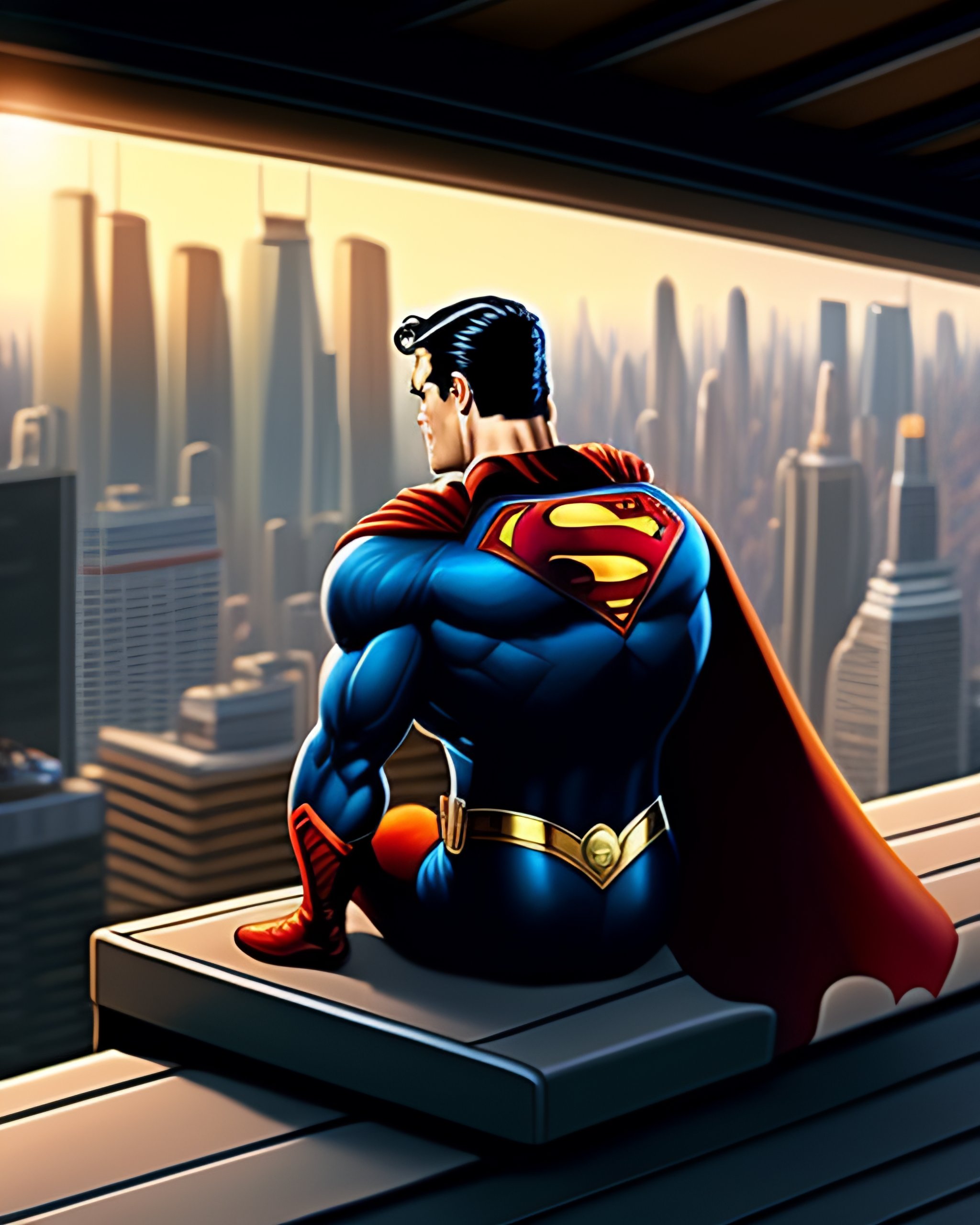 Lexica - Superman sitting on a roof looking down at a city below ...