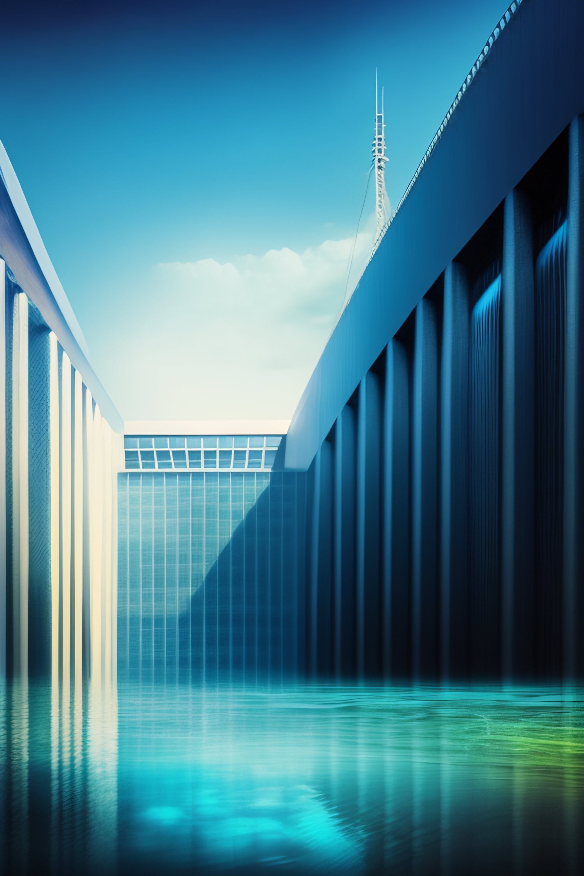 Lexica - Dam cracked, clear blue water flooding, flooded office ...
