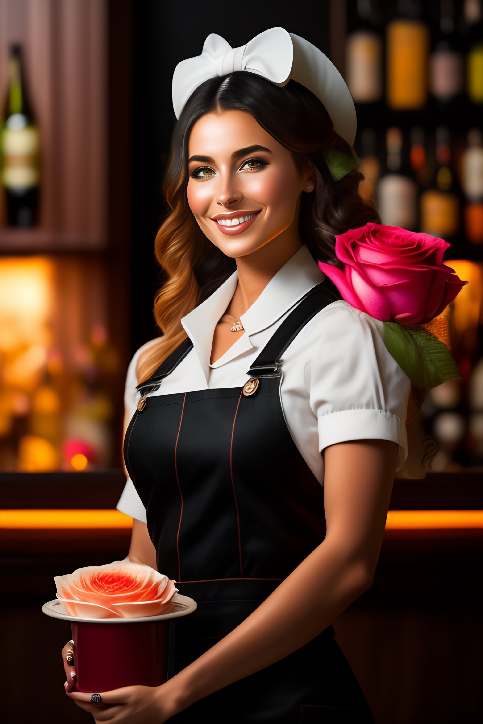 Lexica - Portrait of a young woman waitress wearing black overalls ...