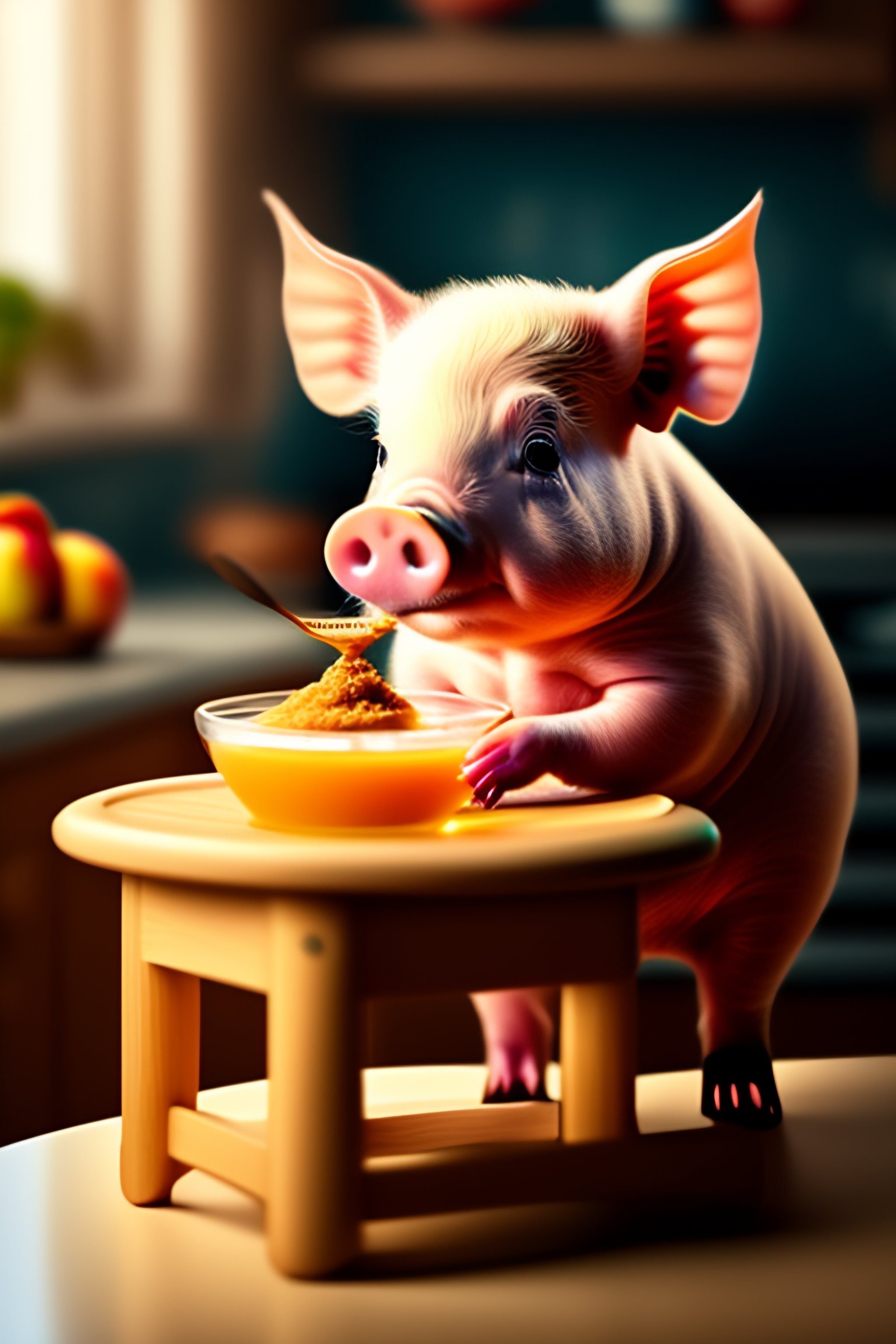 Lexica - Cute little pig eating applesauce while sitting on a stool in ...