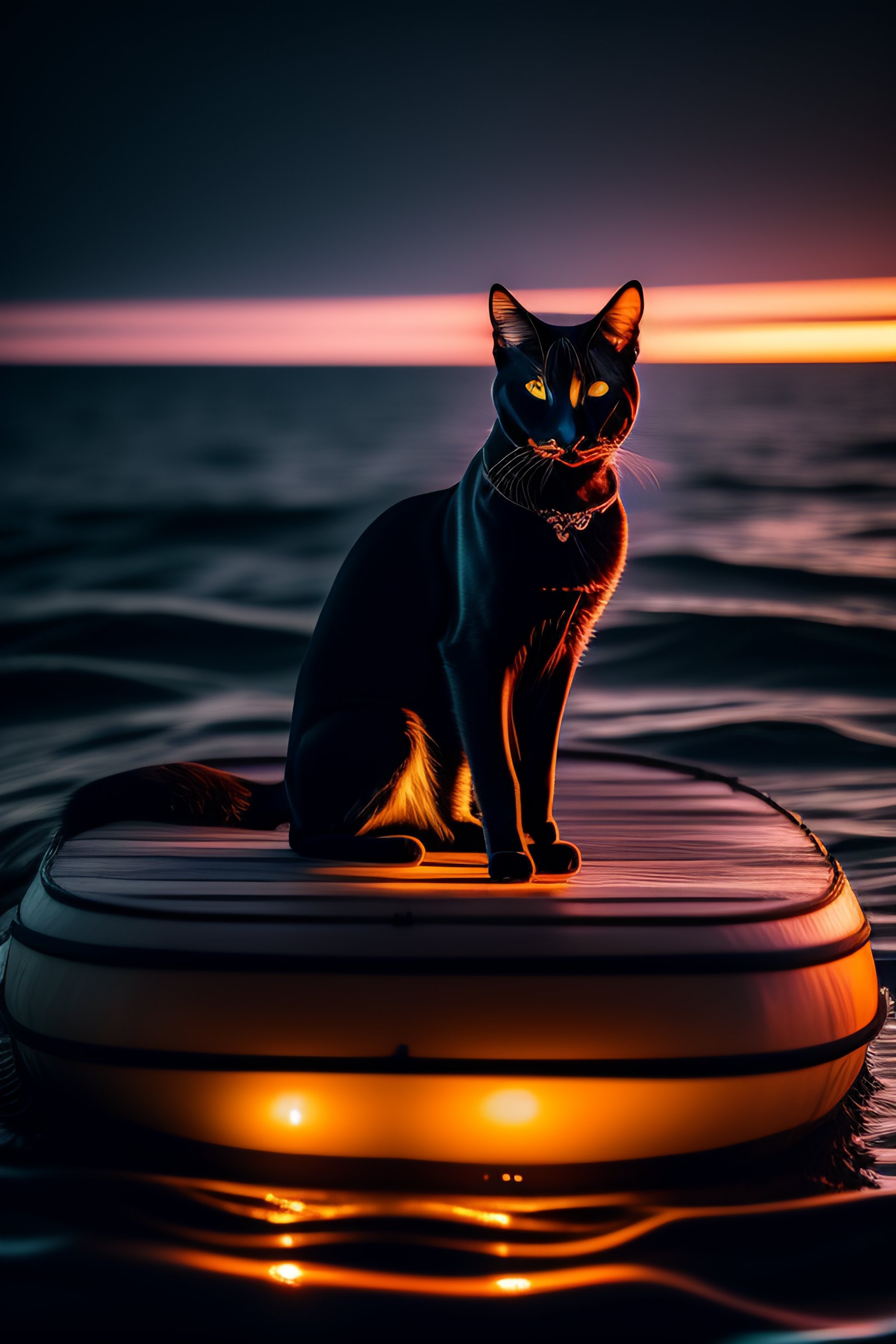 Lexica - A bunch of black cats hanging on a wooden raft in the middle ...