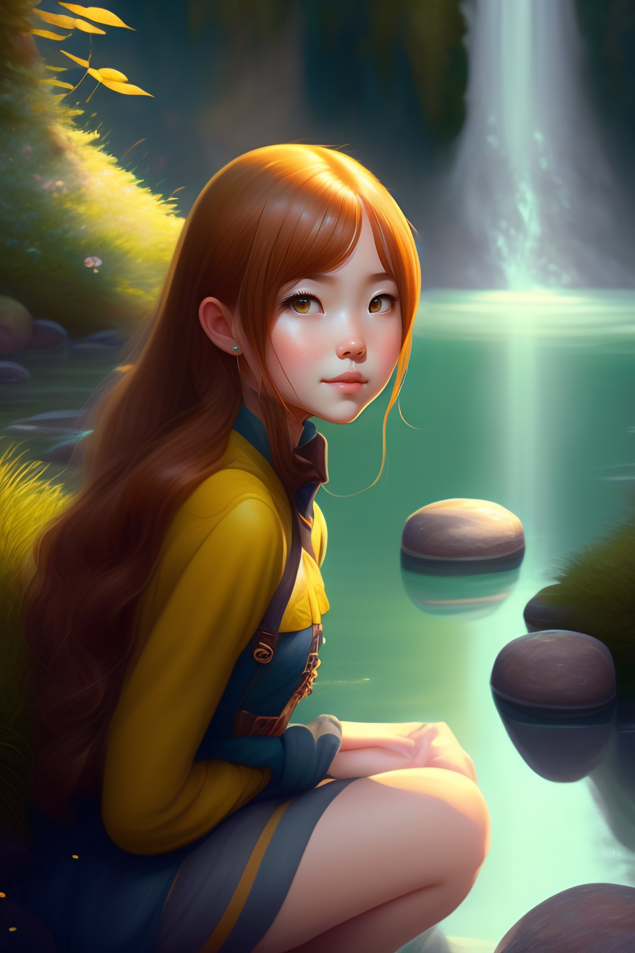 Lexica - The girl sitting near a stream at the forest, animation pixar ...