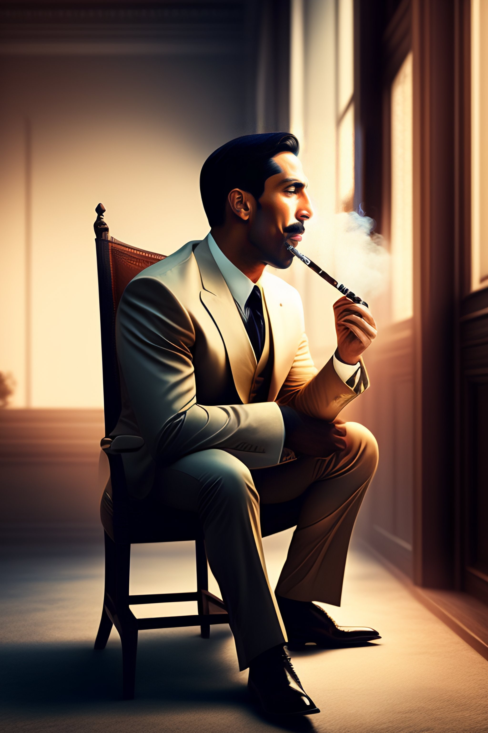 Lexica - Tall withe detective with a cigare in the mouth, sit down on ...