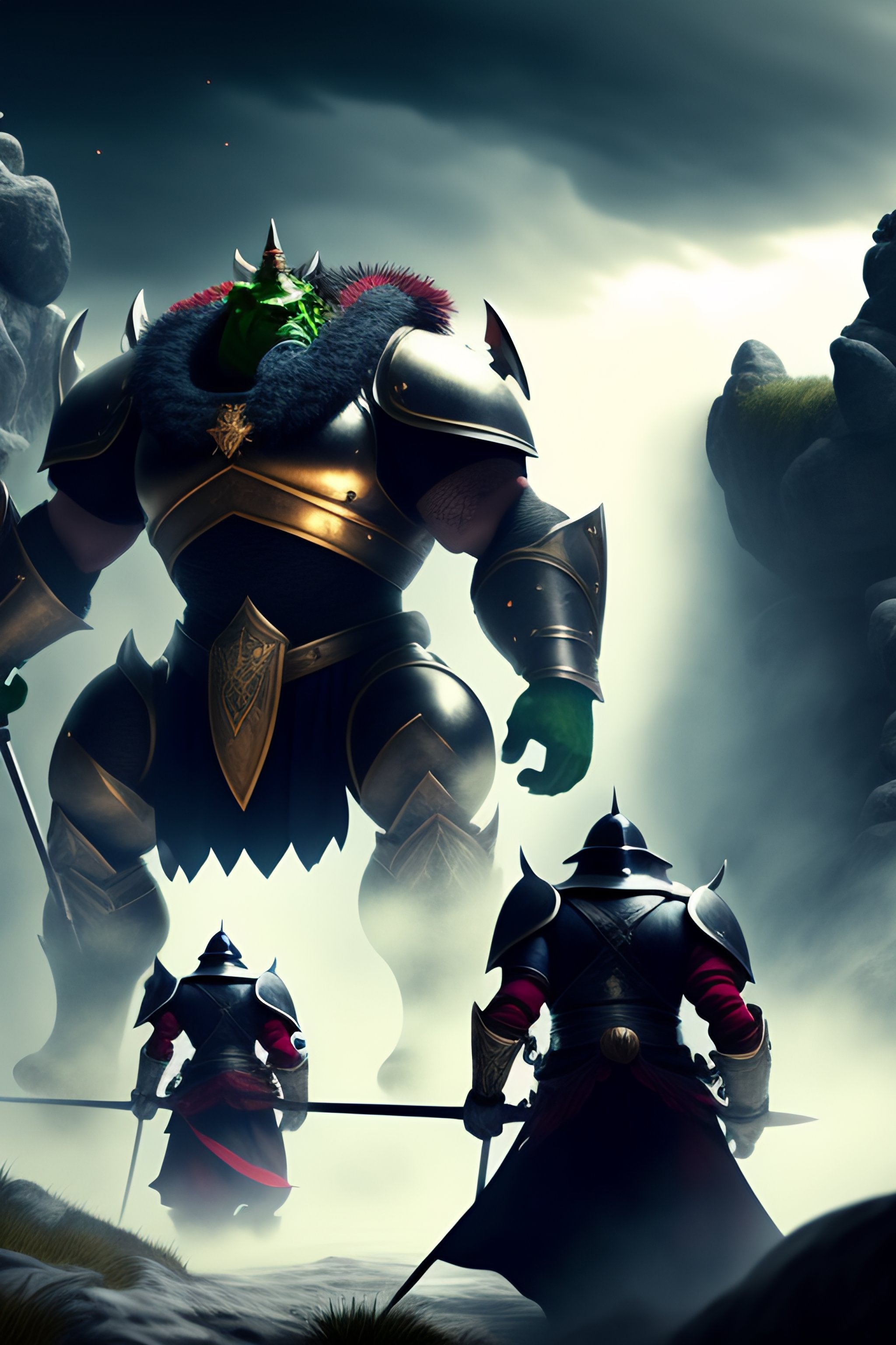 Lexica - Three knights fighting a ogre in the florest, cinematic ...