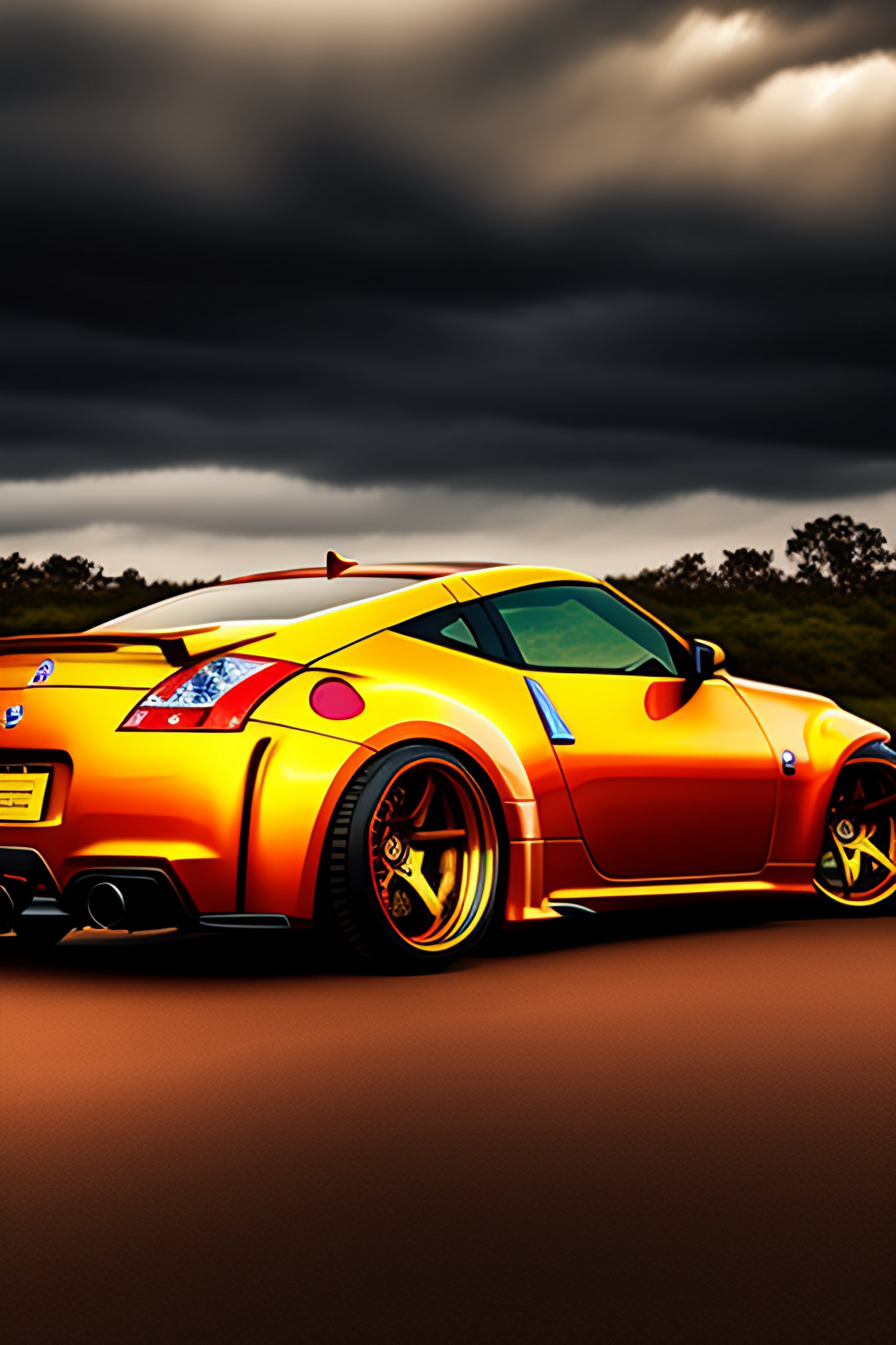 Lexica - Photo of red nissan 350z yellow wheels, highly detailed ...