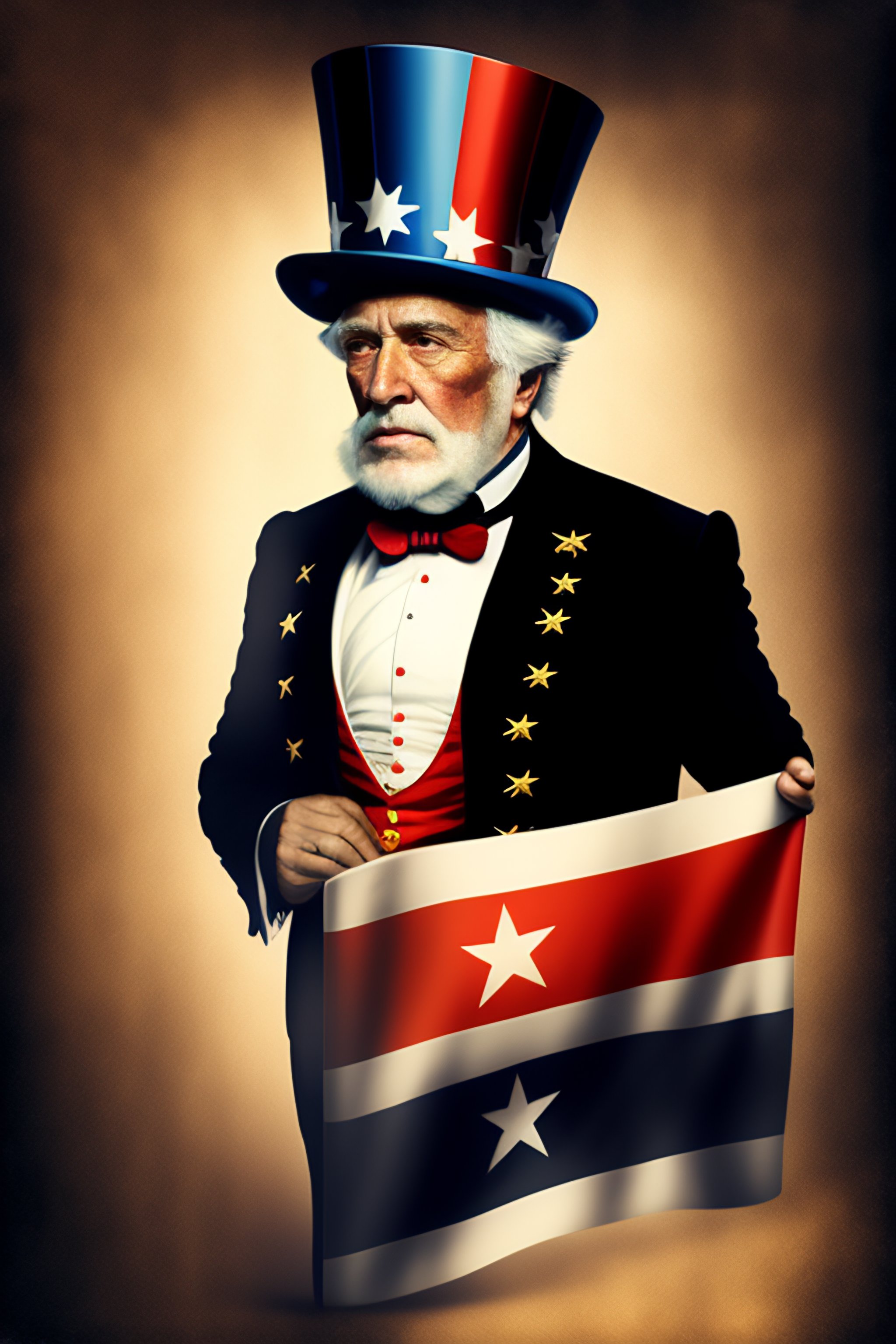 Lexica - Portrait of uncle sam in patriotc top hat holding the flag ...