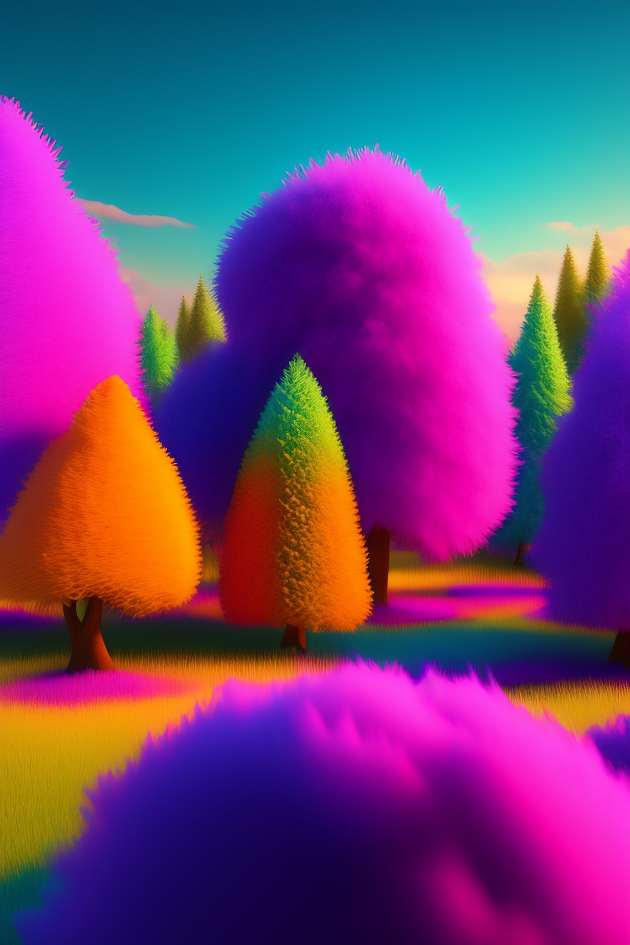 Lexica - Colorful fluffy trees made of fur in a field, Cinema4D render ...