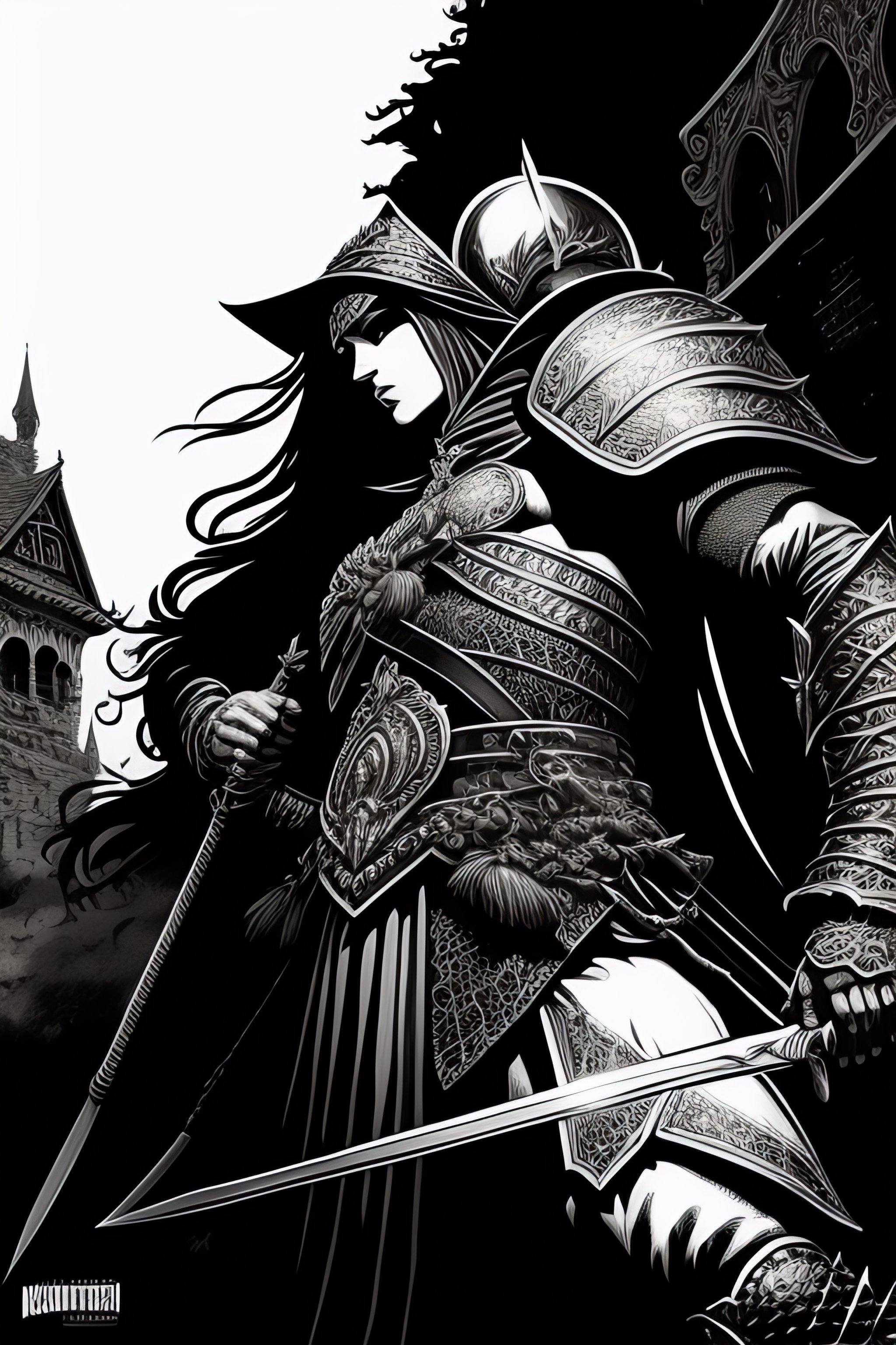 Lexica - Knight fighting zombies, fantasy, black and white ...