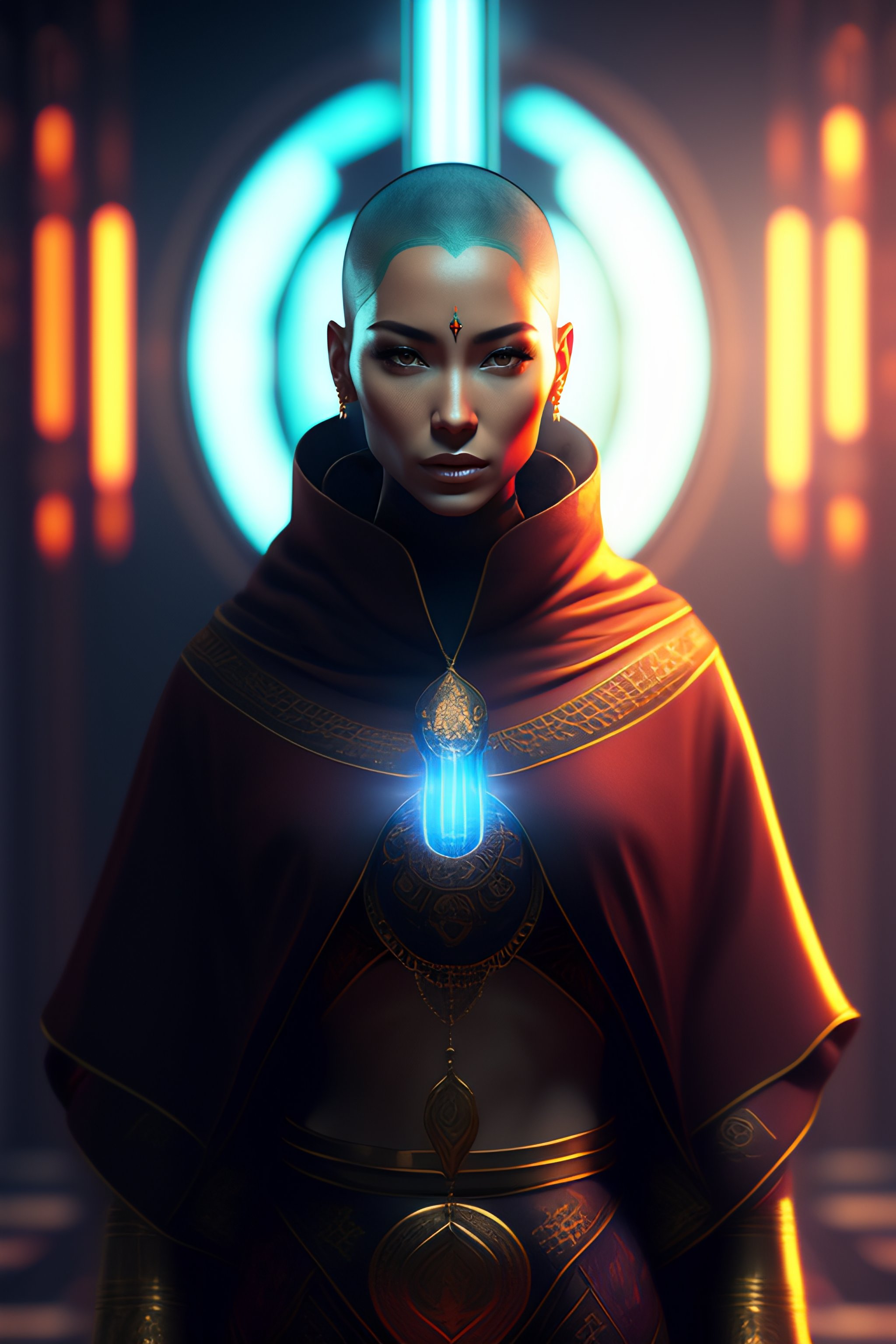 Lexica - An cybernetic monk meditation with hands above head, monk robe ...