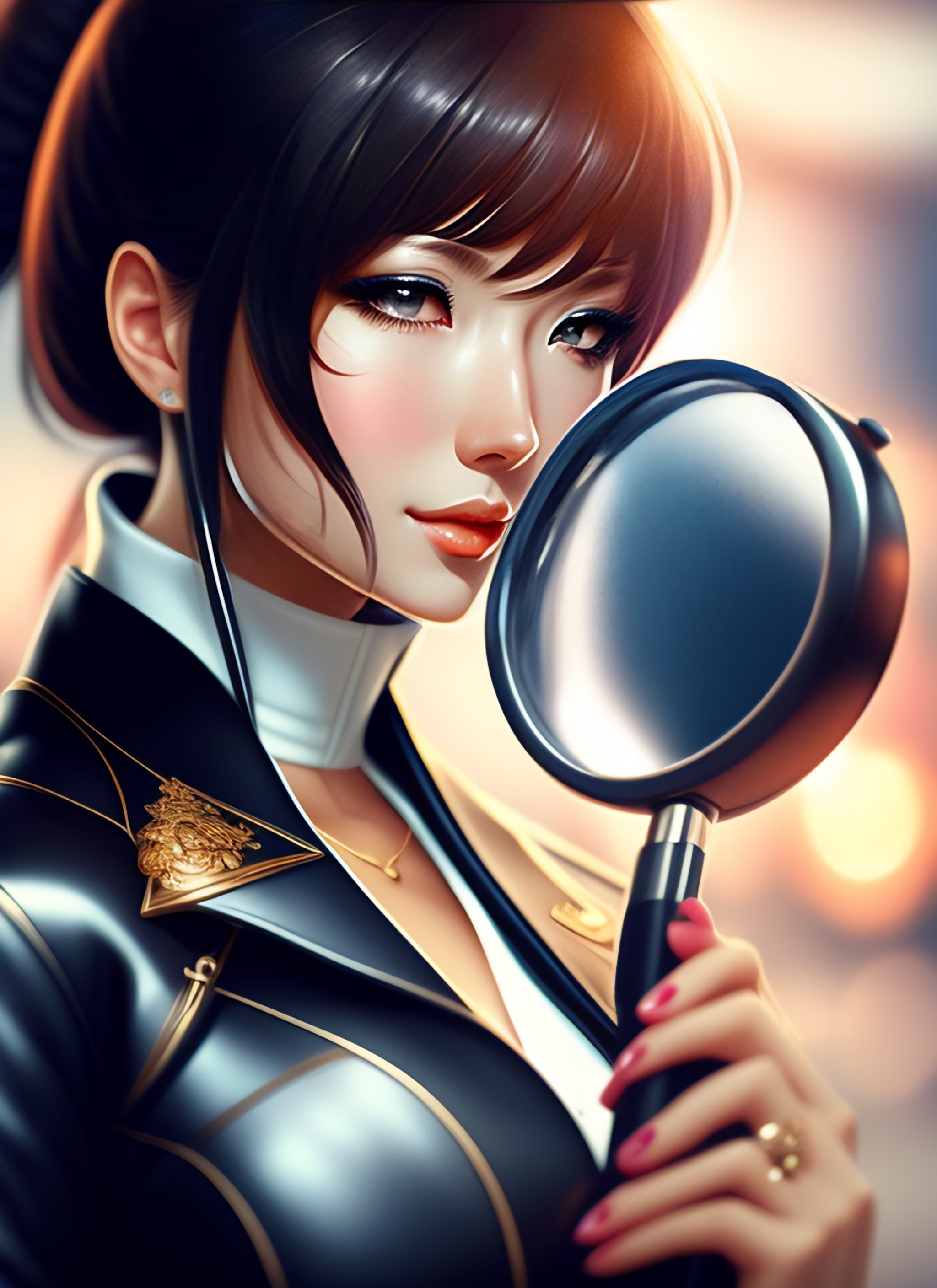 Lexica - Cute anime woman in leather suit holding magnifying glass