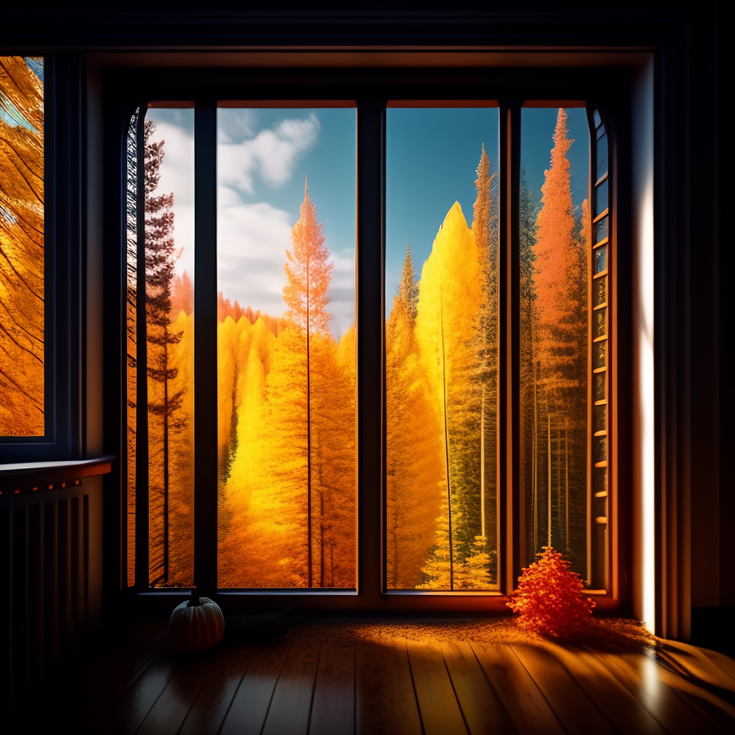 Lexica - Fall forest behind a window, view from the inside of a cosy house
