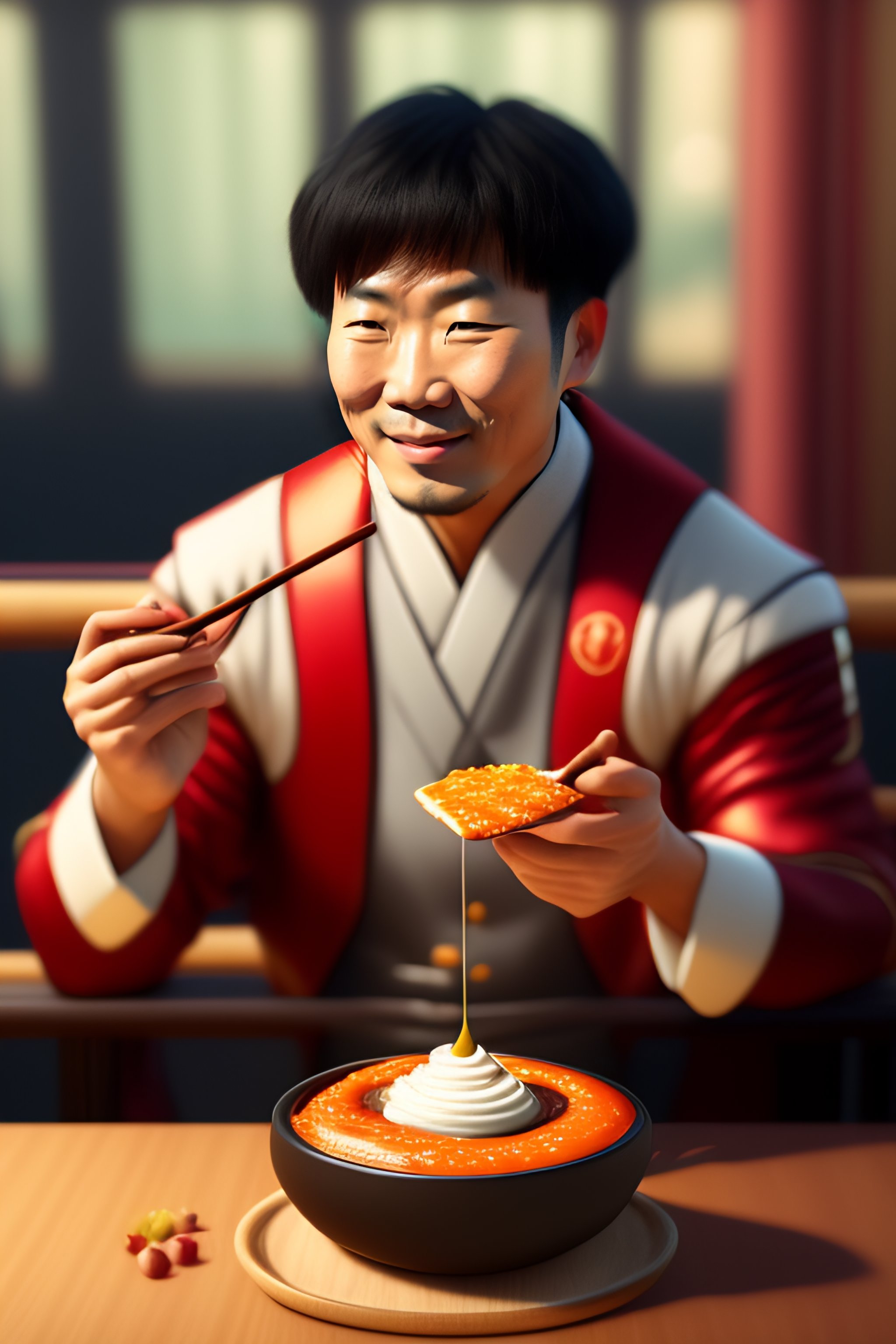 Lexica - Xiao from Genshin Impact eating a puddin in realistic style