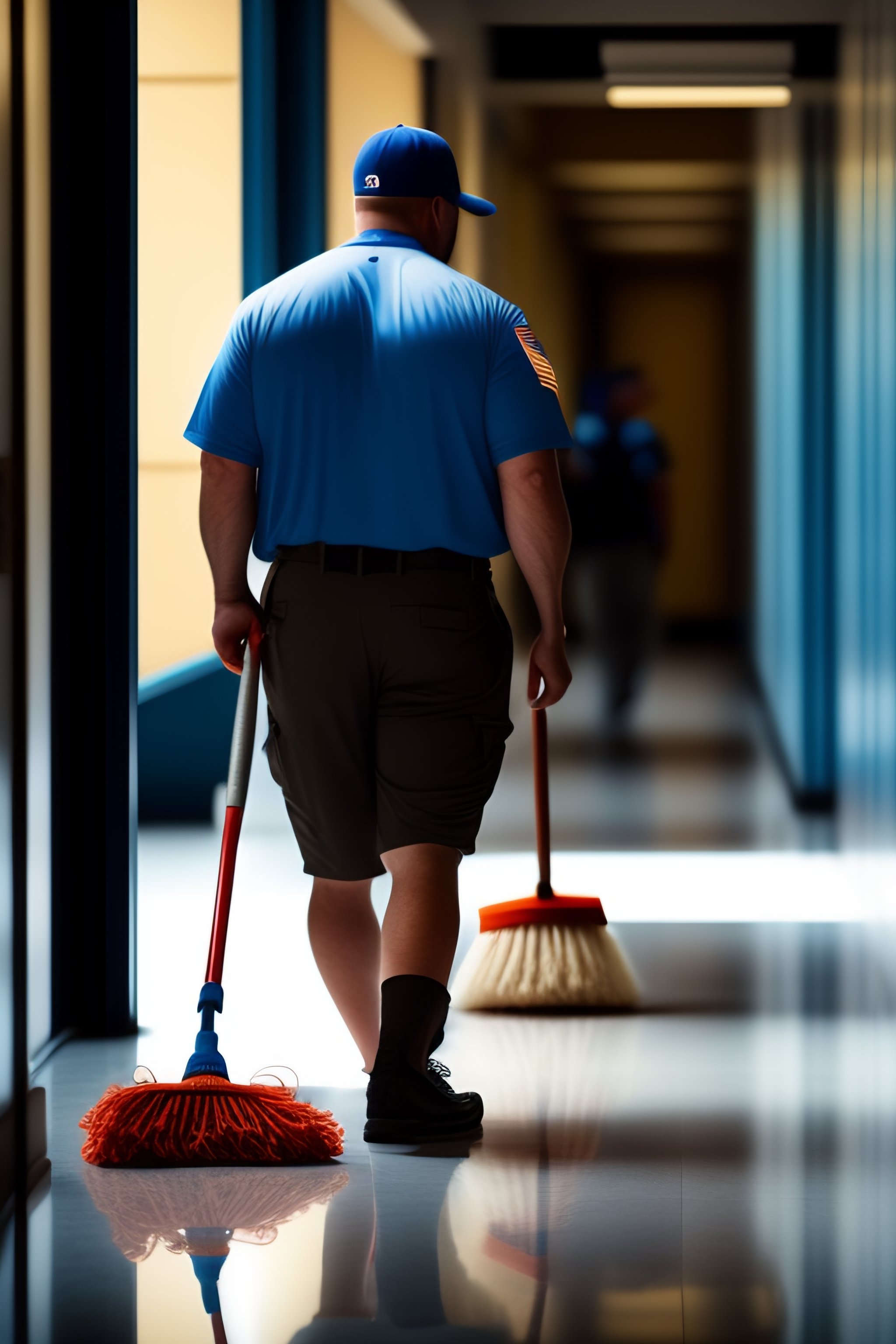 Lexica - White male janitor mopping school hallway floor, thick build ...