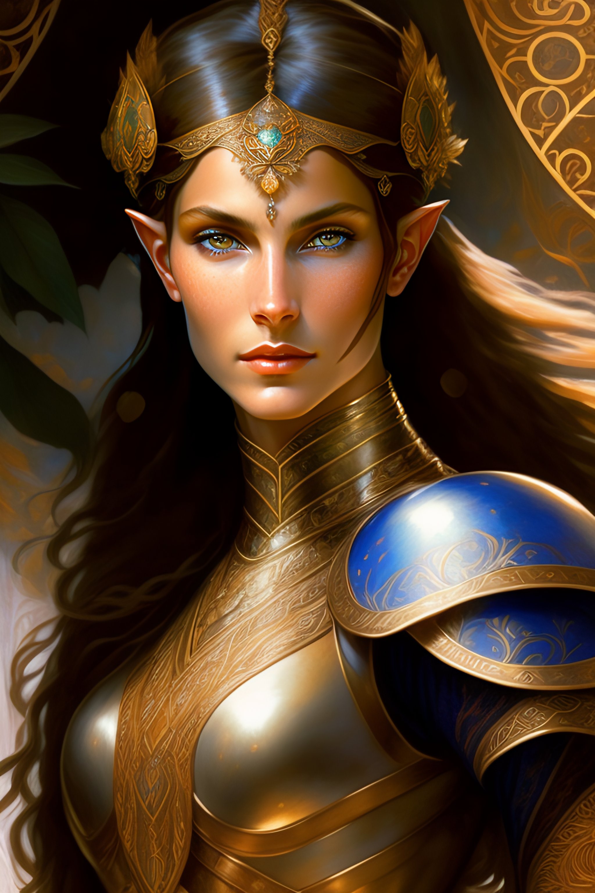 Lexica - Portrait of a woman elf with tan brown skin, blue eyes, dark ...