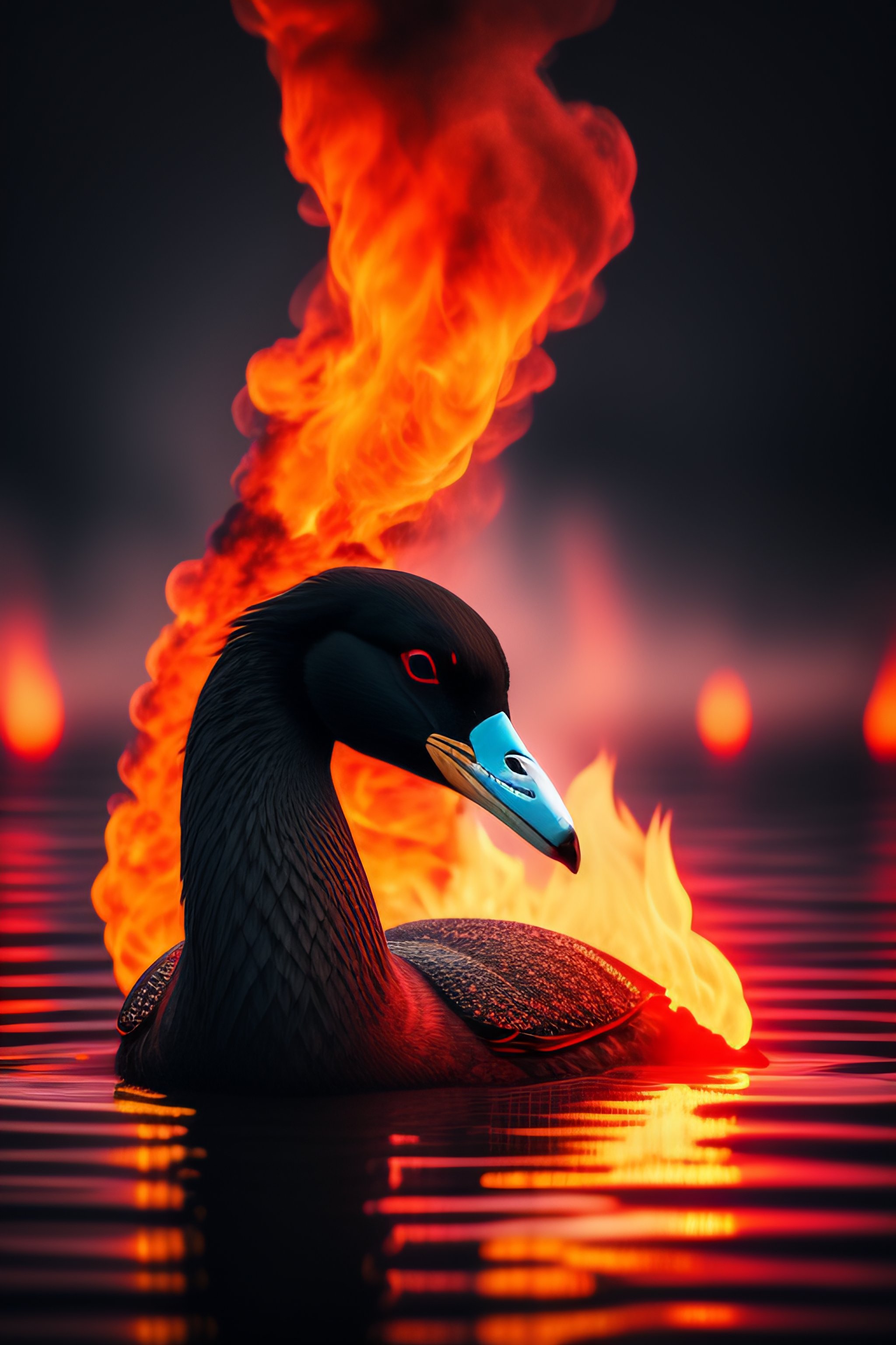Lexica - A black swan with red eyes swimming in a sea by night, flames and burning buildings in ...
