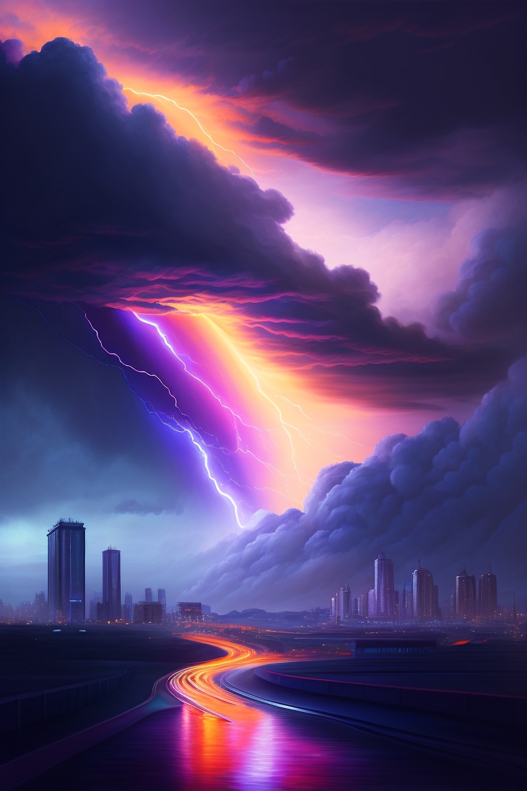 Lexica - Lightening storm over city landscape, Realistic. Dark heavy clouds of rain ...
