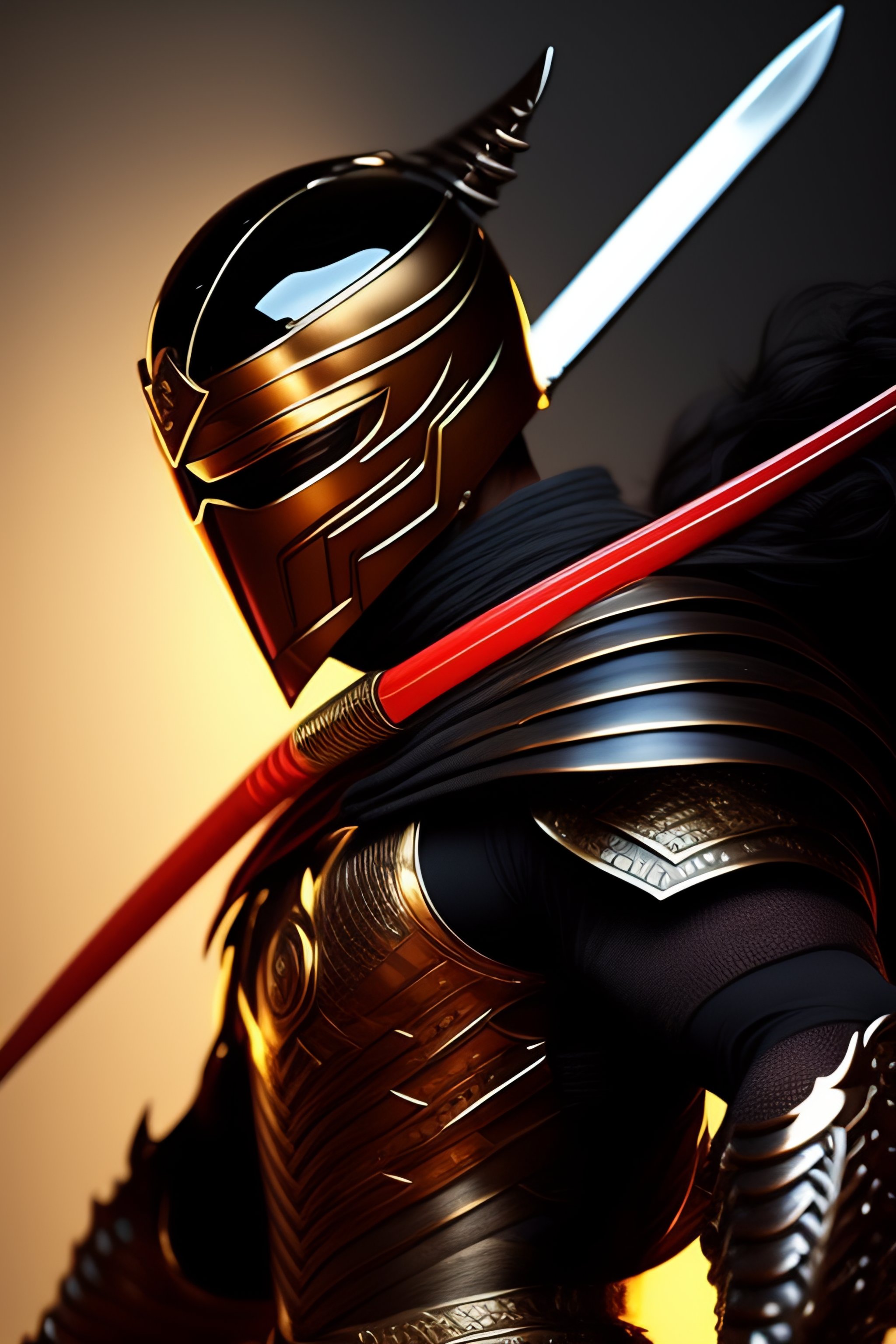 Lexica - Art brush style male cyborg ninja greek helmet long katana