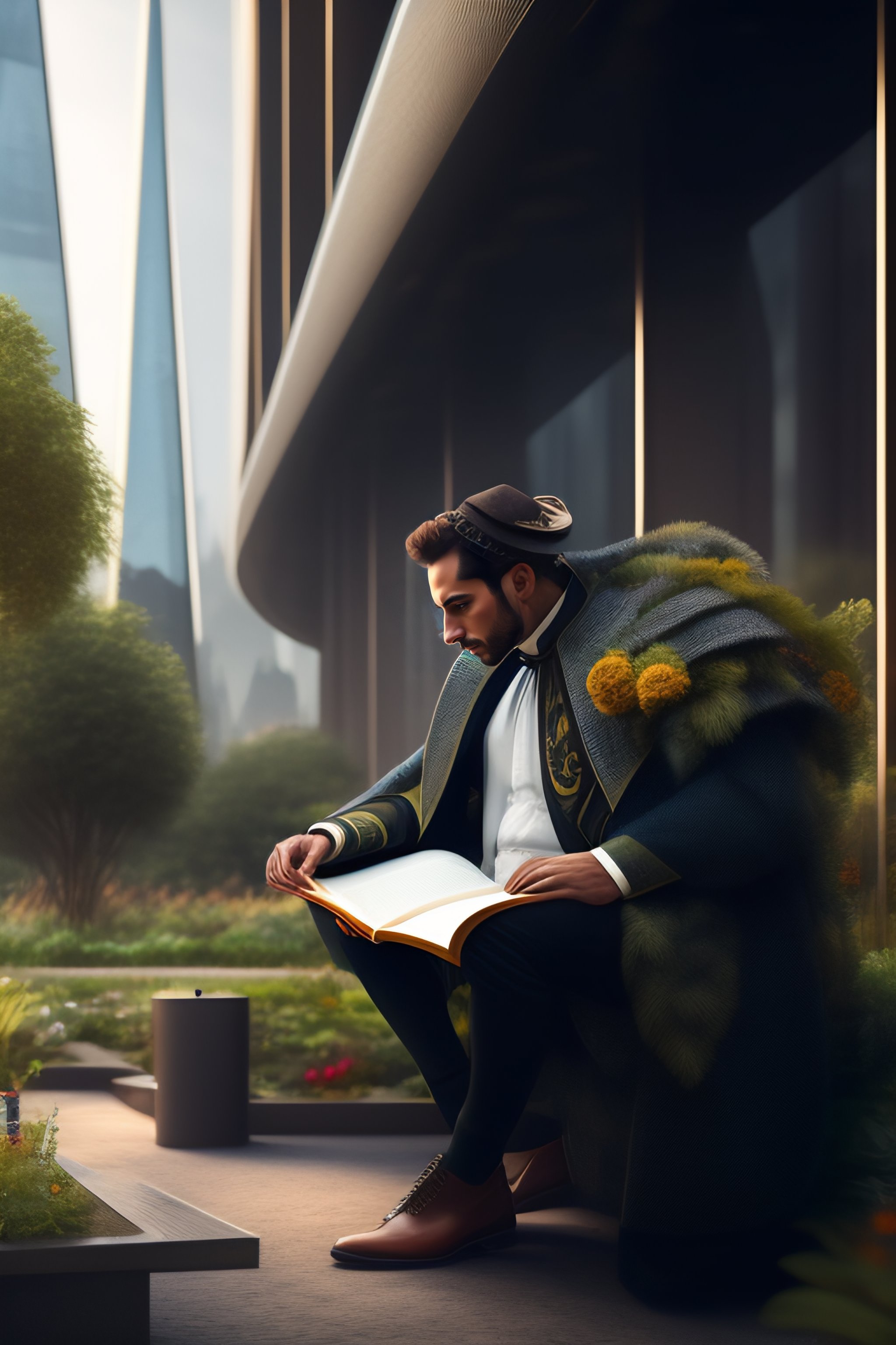 Lexica - Man dress in solarpunk fashion reading a book with background ...