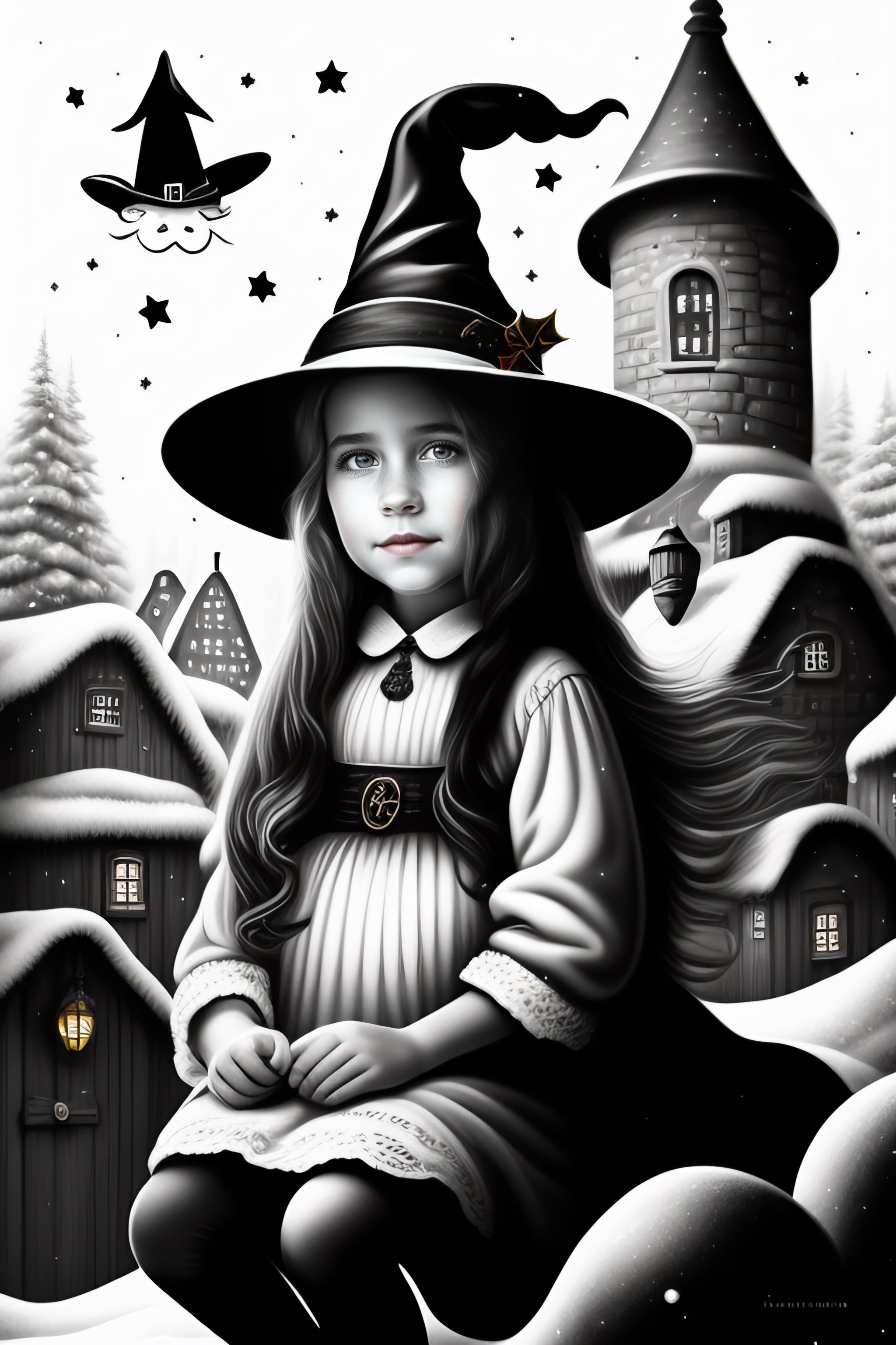Lexica - A little tired witch in a hat sitting on a broom and flying ...