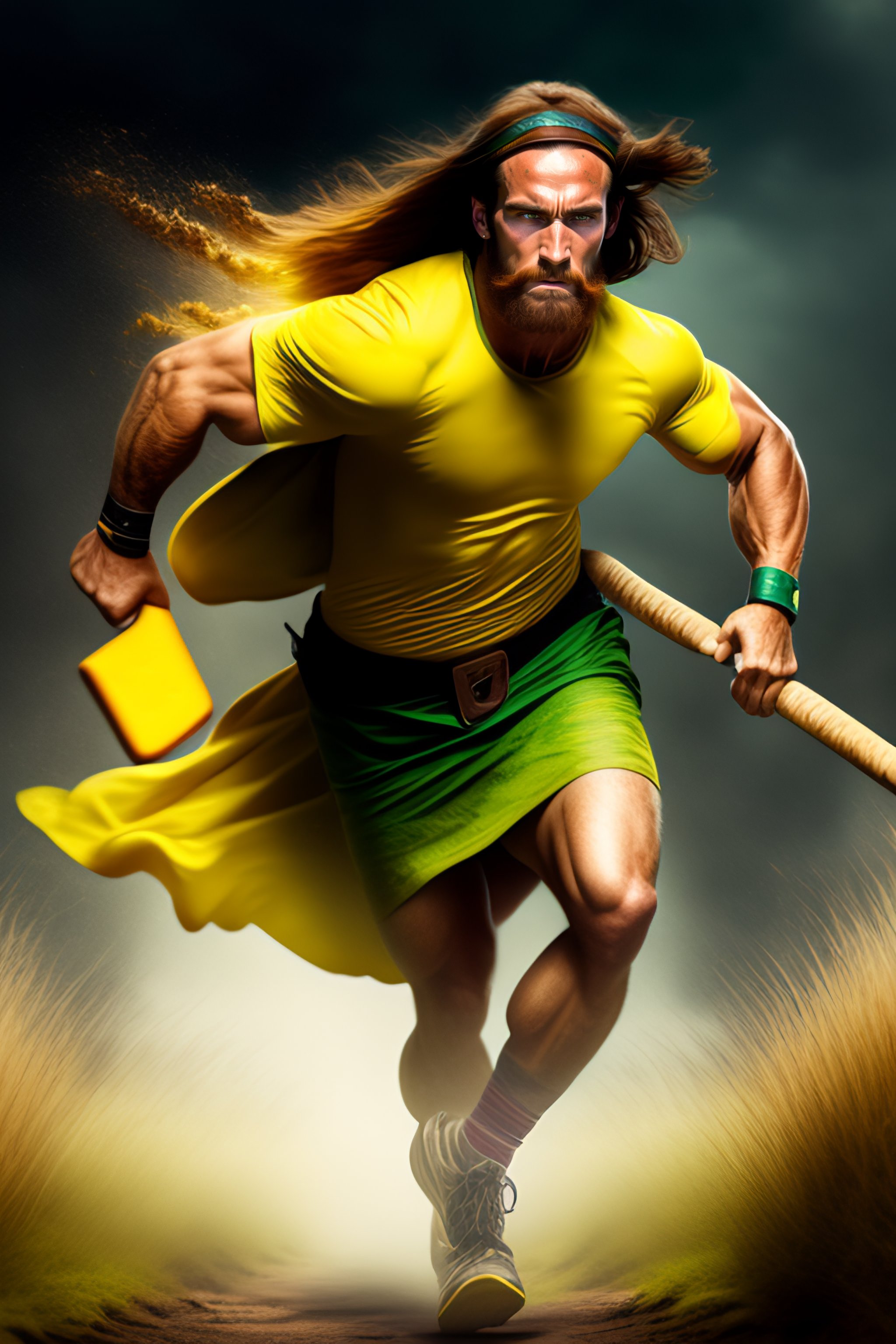 Lexica - Ancient Scotsman man running from the front, white t-shirt and ...
