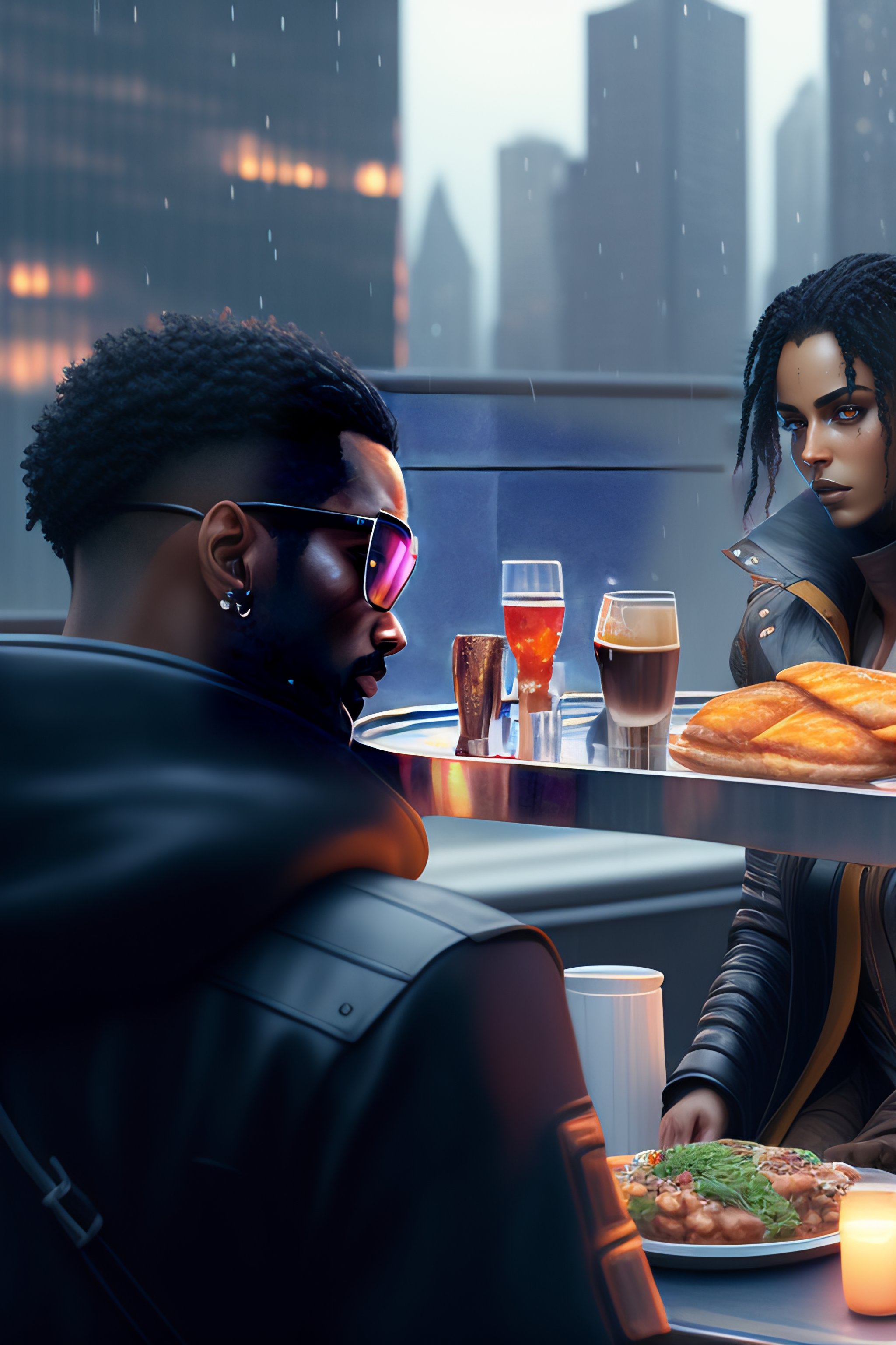 Lexica - A group of damaged cyberpunk cyborg, mixed race, eating boxes ...